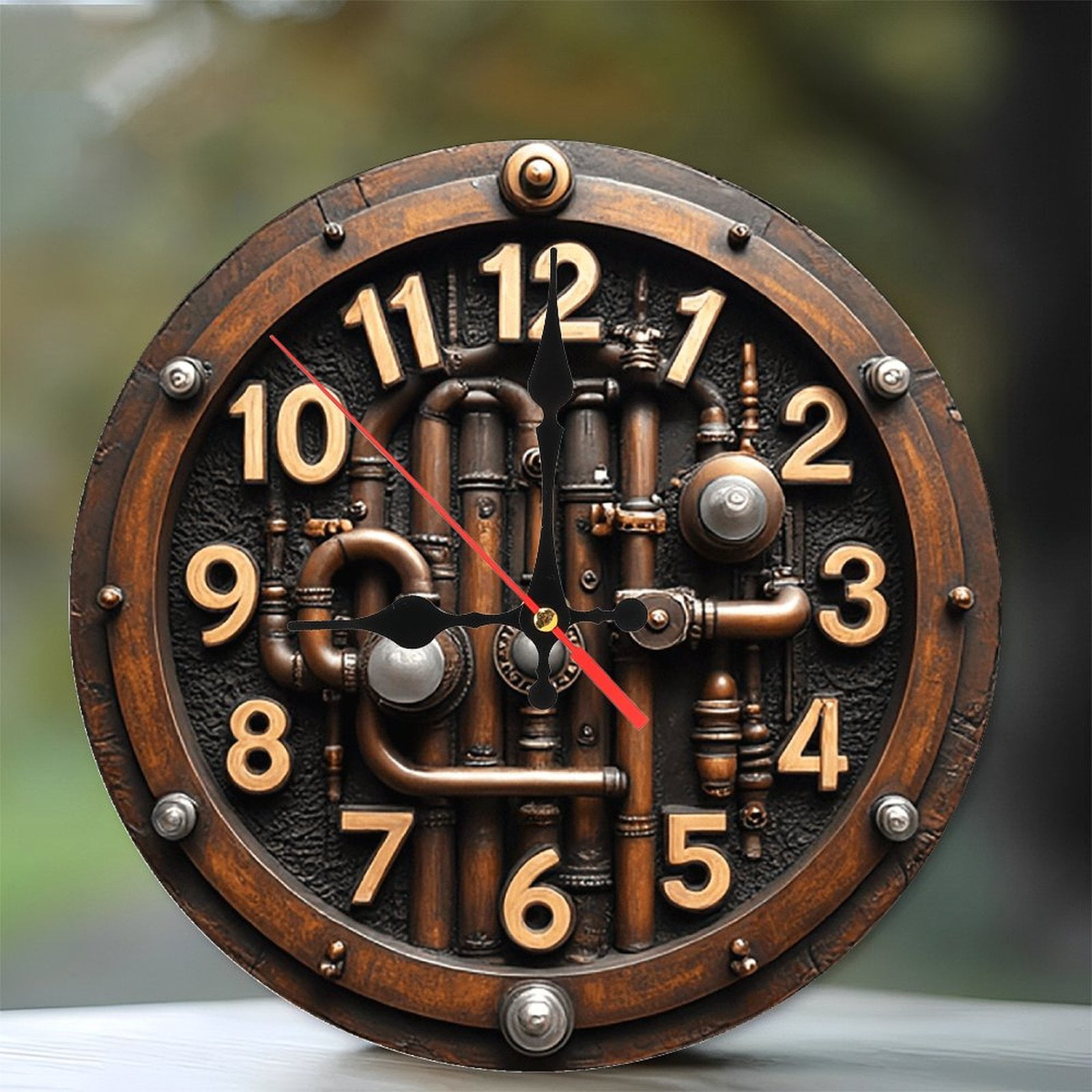 Steampunk Style Wall Clock Copper Pipes Design 10-Inch Silent Wooden ...