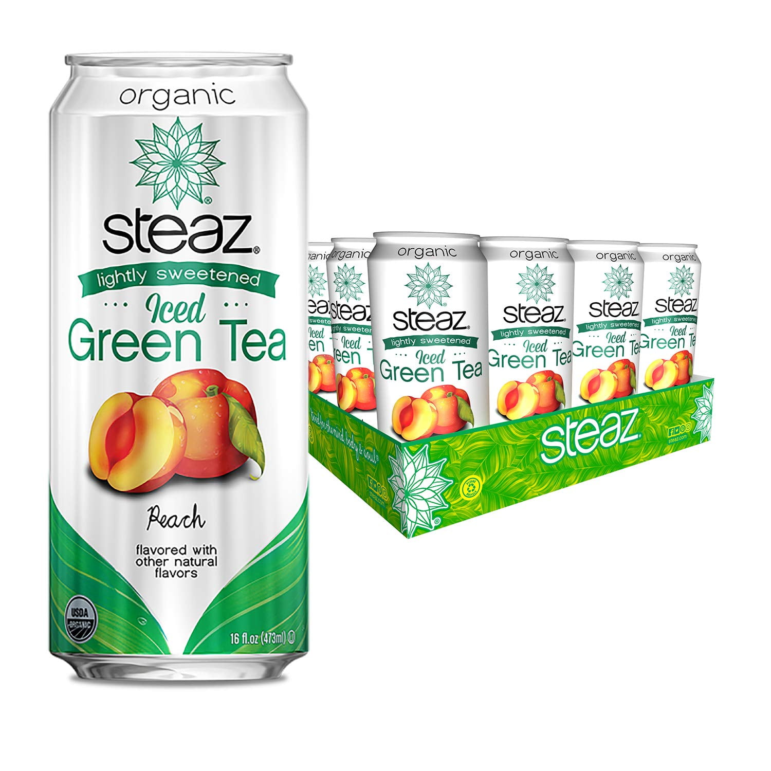 Steaz Organic Lightly Sweetened Iced Green Tea, Peach, 16 FL OZ (Pack ...