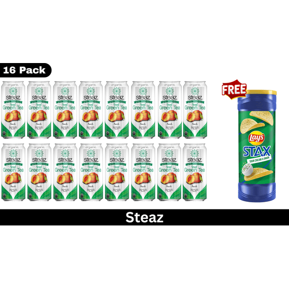 Steaz Organic Lightly Sweetened Peach Iced Green Tea, 16 fl oz Cans, 16 ...