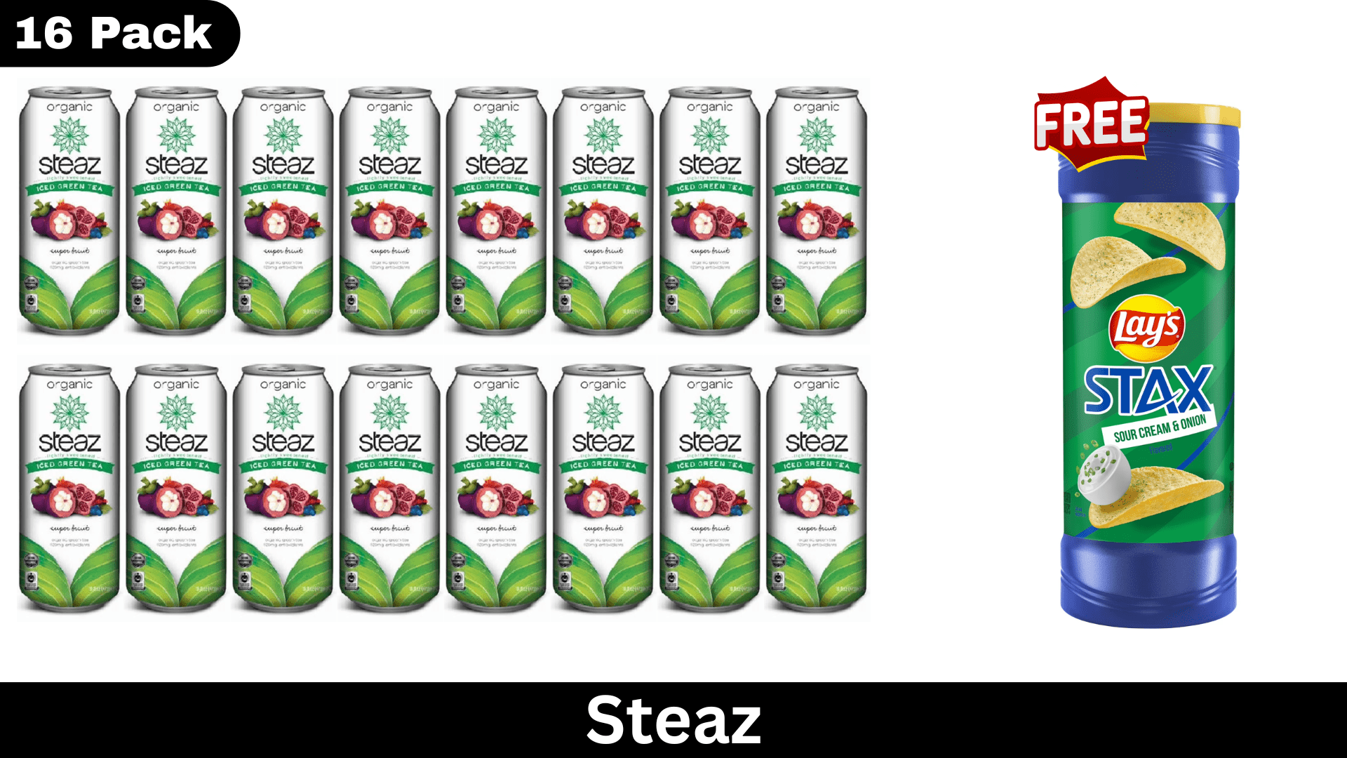 Steaz Superfruit Iced Tea, 16 fl oz Cans, 16 Pack + Lay’s Stax Sour ...