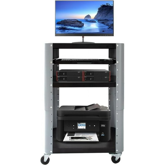 Steel AV Cart on Wheels, Mobile Storage Cart with Pullout Keyboard Tray ...