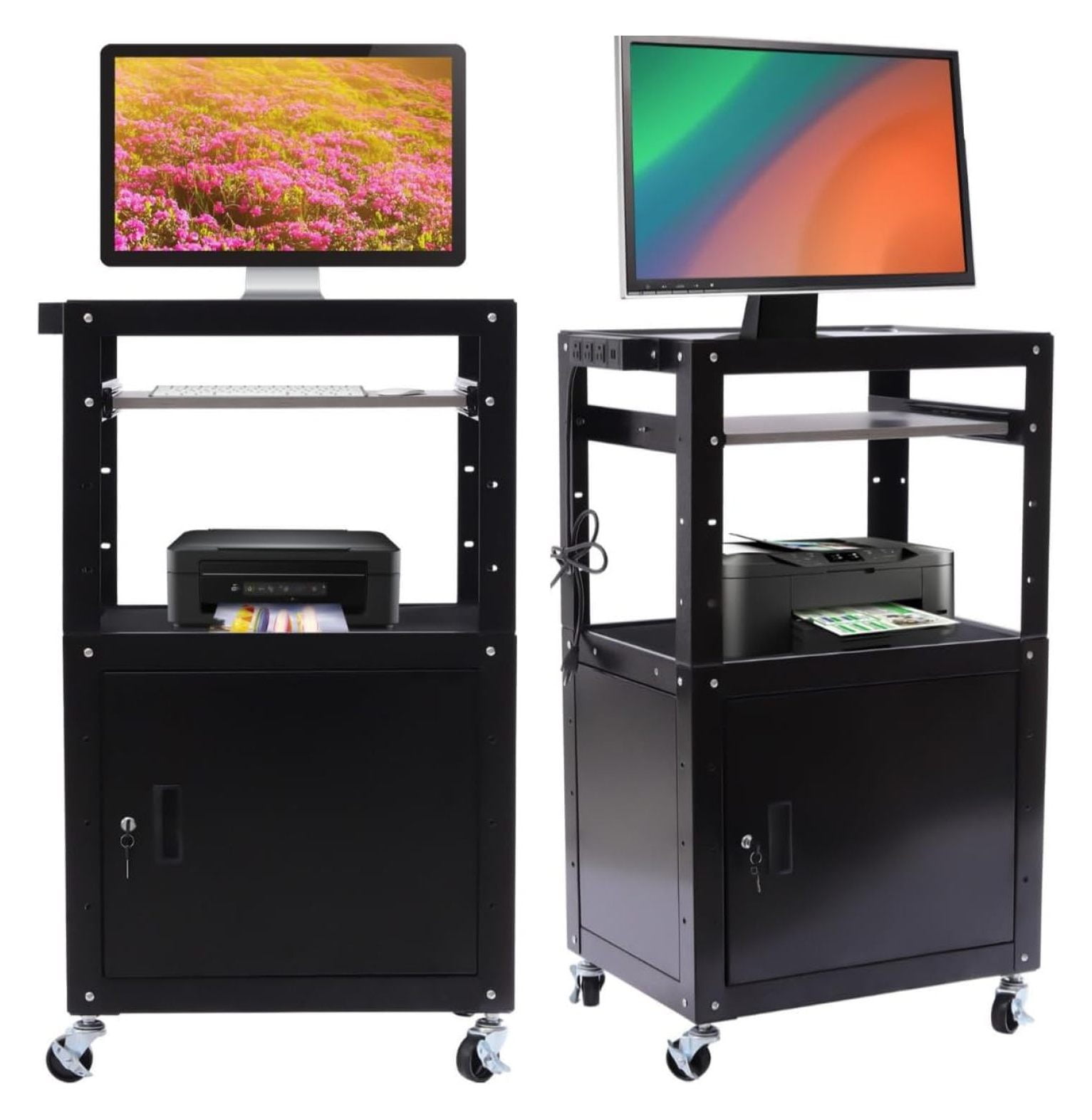 Steel AV Cart with Locking Cabinet & Wheels Height Adjustable Rolling ...