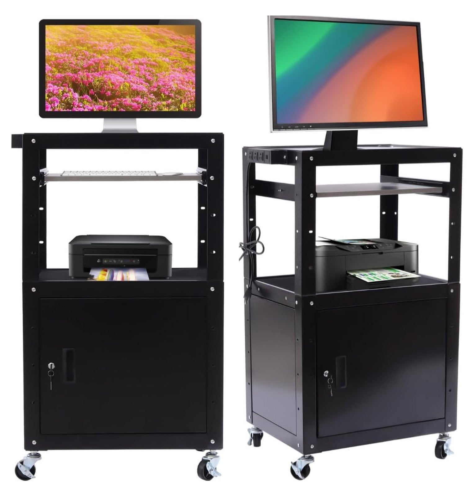 Steel AV Cart with Locking Cabinet & Wheels Height Adjustable Rolling ...
