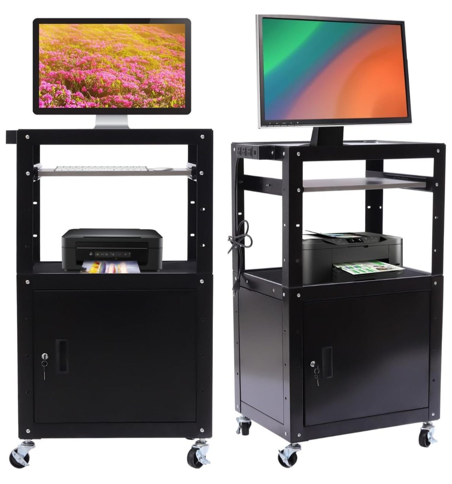 Steel AV Cart with Locking Cabinet & Wheels Height Adjustable Rolling ...
