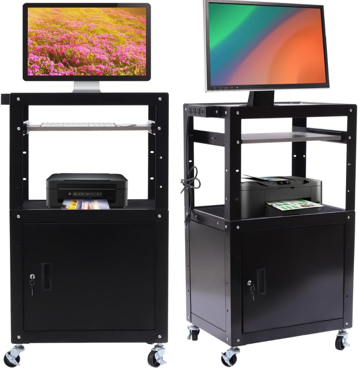 Steel AV Cart with Locking Cabinet & Wheels Height Adjustable Rolling ...