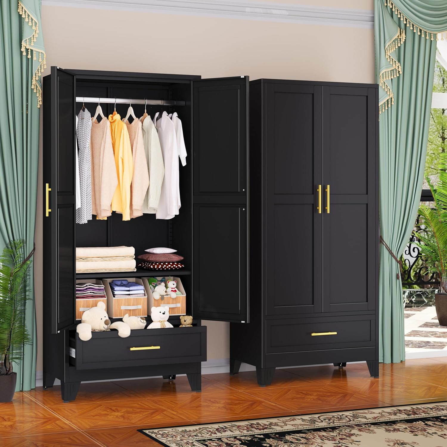 Steel Armoire Wardrobe Closet, 71" Household Wardrobe Cabinet with 2 ...