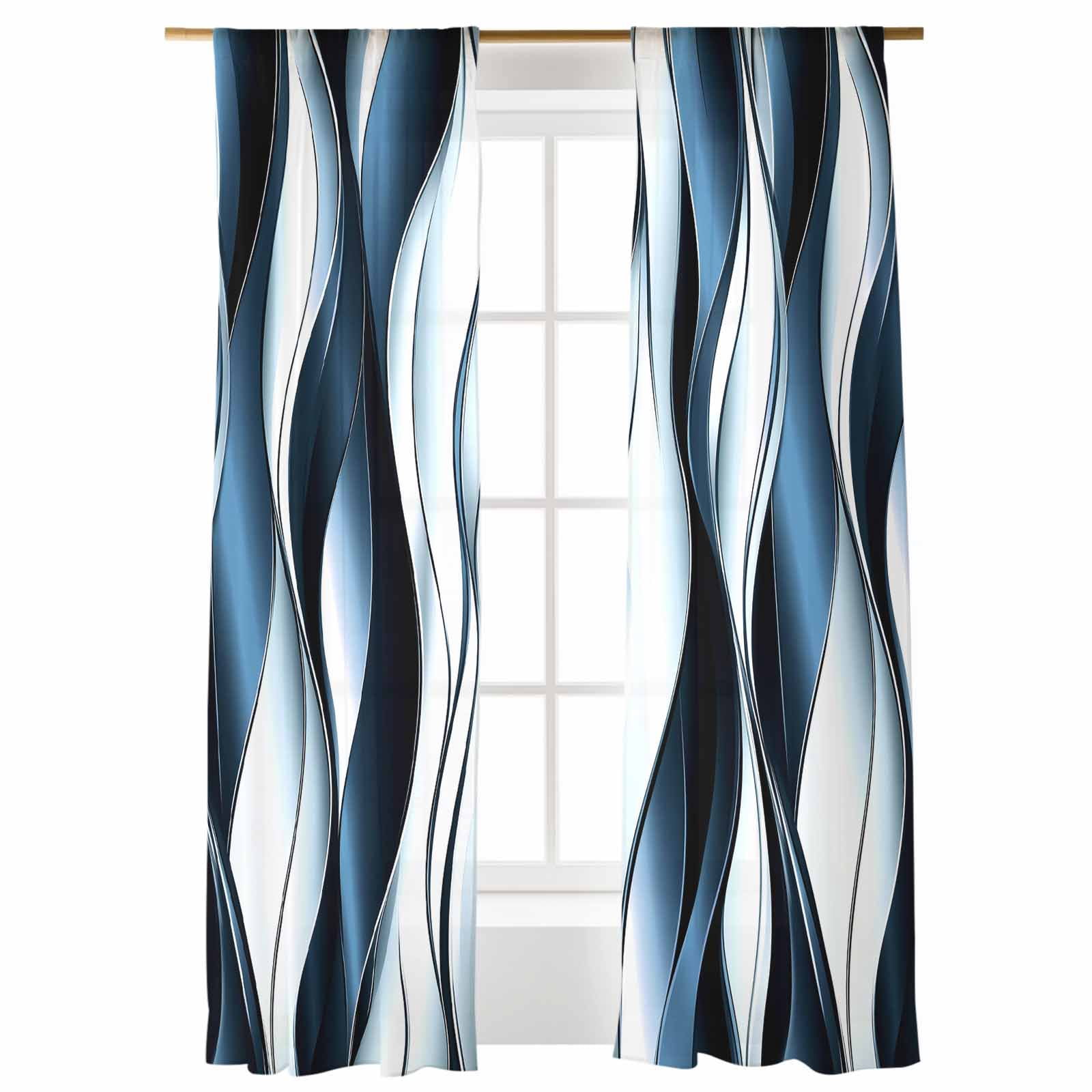 Steel Blue Gradient Line Sheer Curtains 84 inches Long, Abstract Twist ...