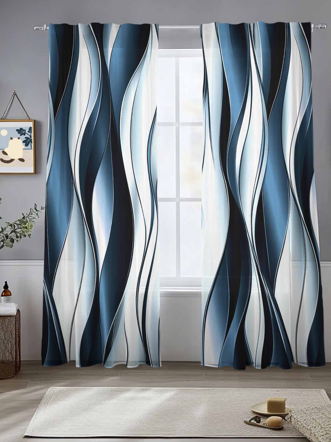 Steel Blue Gradient Line Sheer Curtains 96 Inches Long 2 Panels ...
