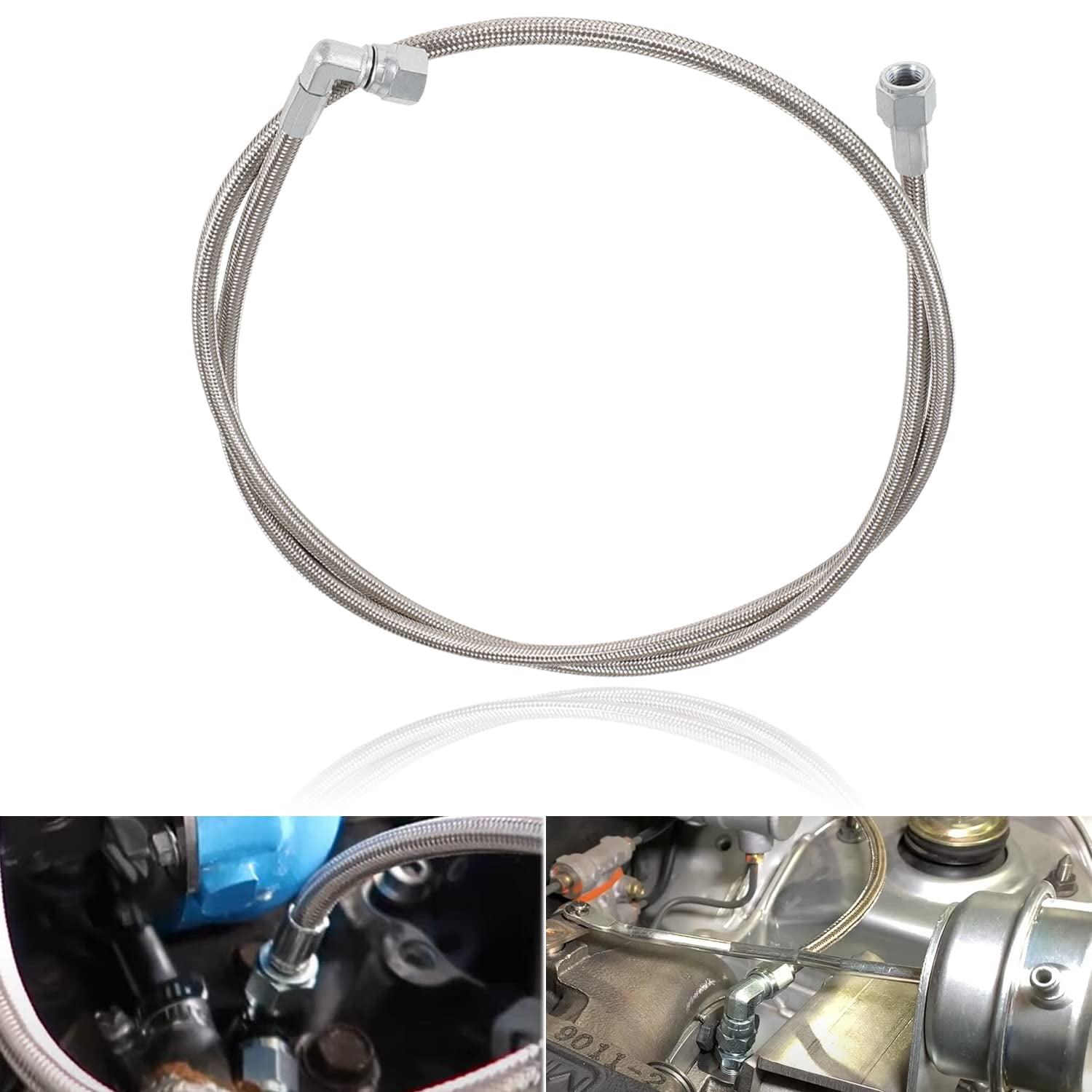 Steel Braided Turbo Oil Feed Line 60" Length -4AN 90 Degree Straight ...