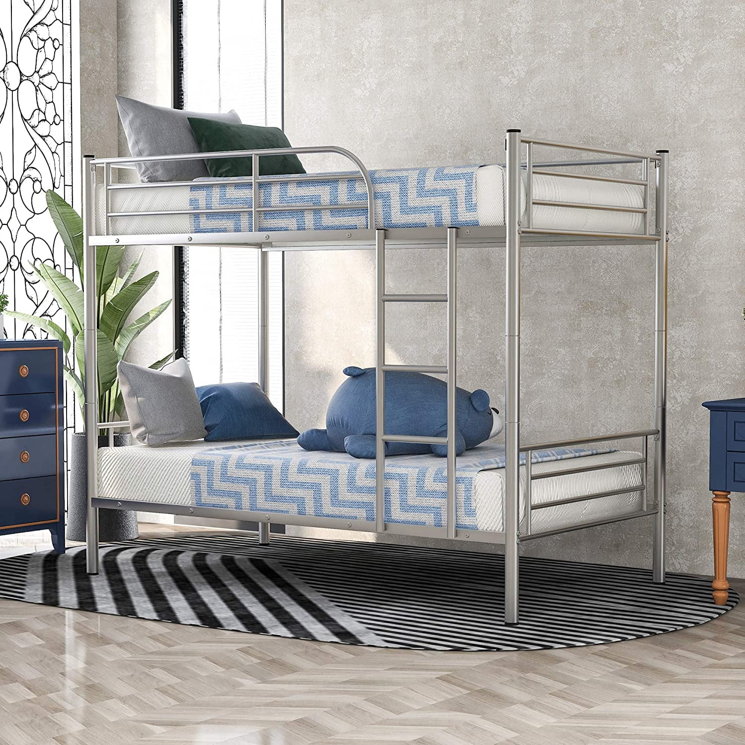 Steel Bunk Bed with Trundle, Twin Over Twin Metal Bunk Bed Frame ...