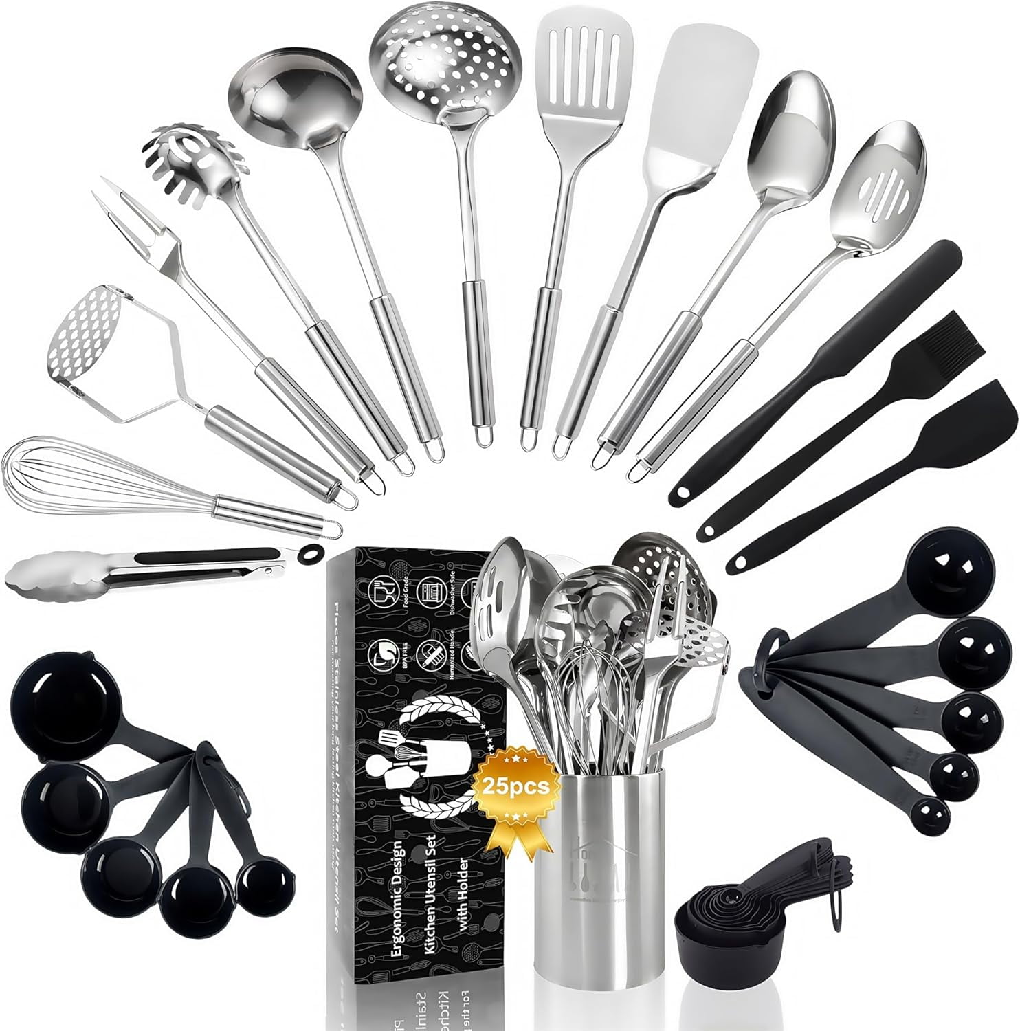 Steel Cooking Utensils Set, 25pcs Kitchen Utensils Set with Holder ...