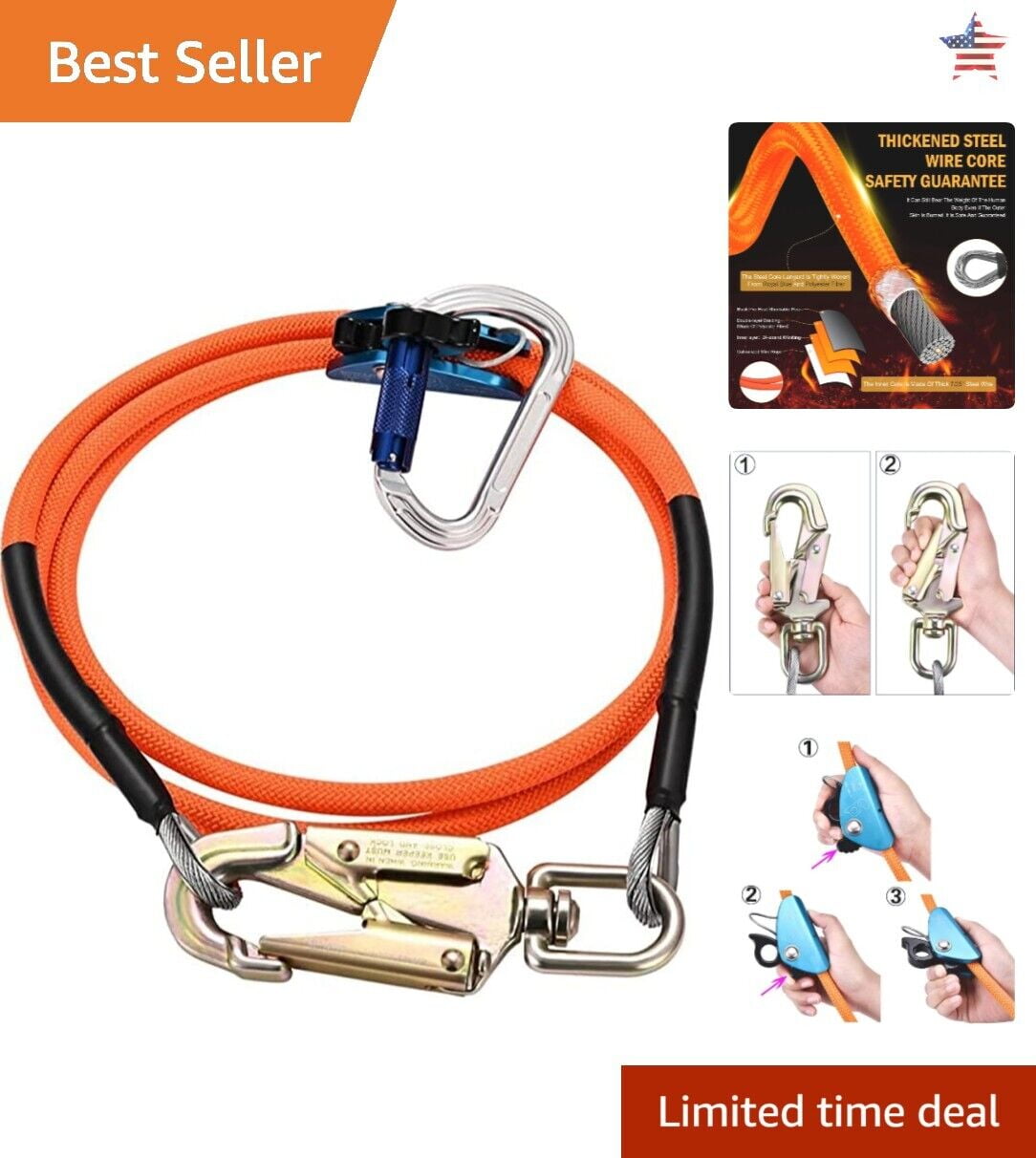 Steel Core Tree Climbing Lanyard - Adjustable, Low Stretch, Cut ...