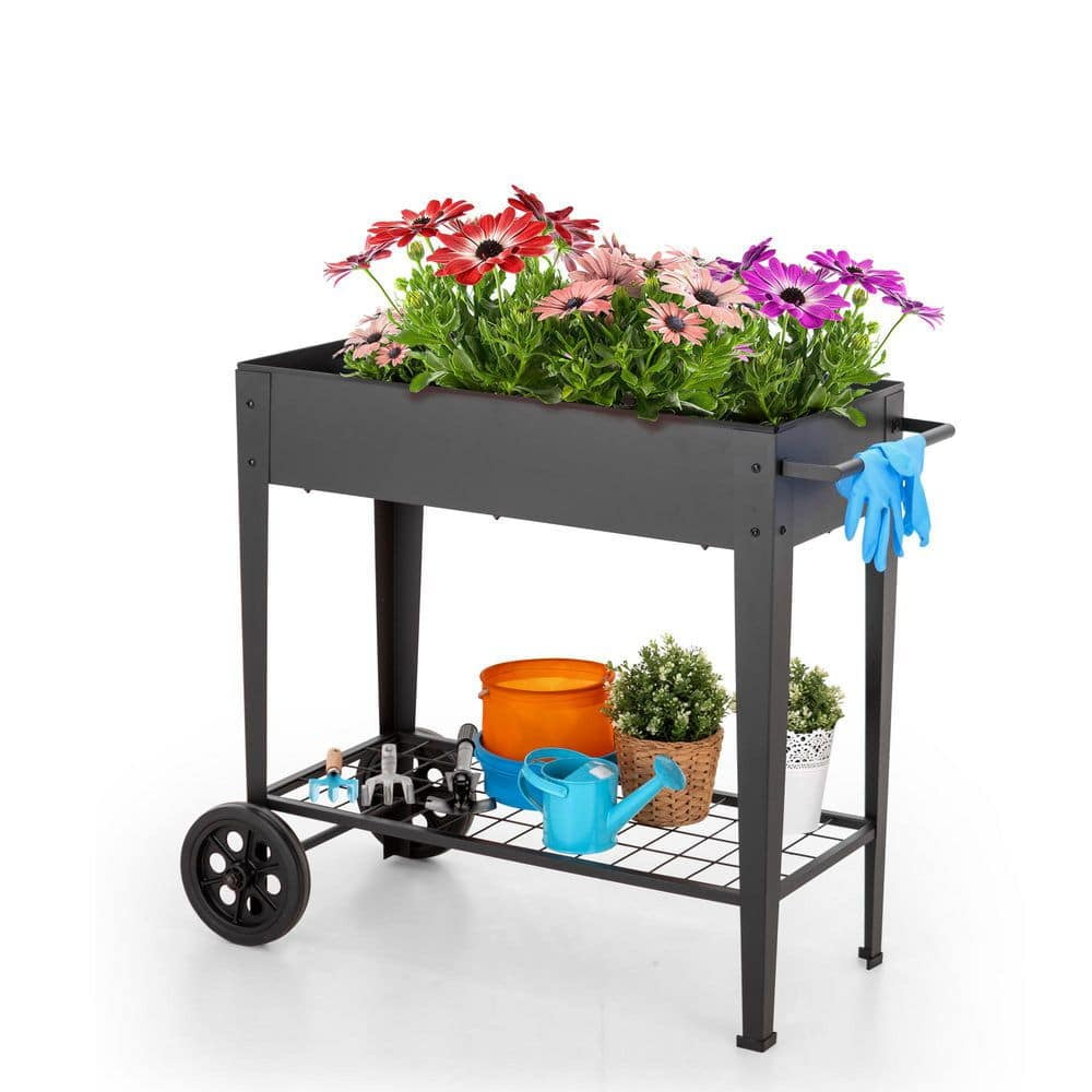 Steel Elevated Garden Bed Raised Planter Box With Shelf and Wheels in ...