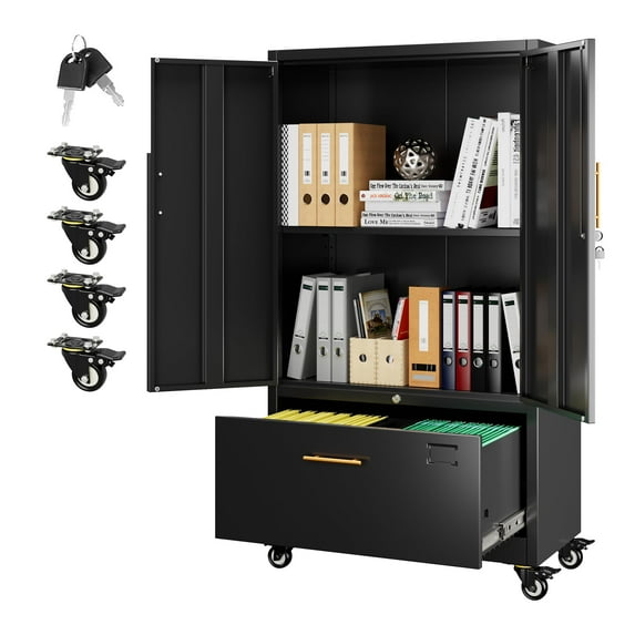 Steel File Cabinet with Locking Doors and Drawer, Mobile Office Storage ...