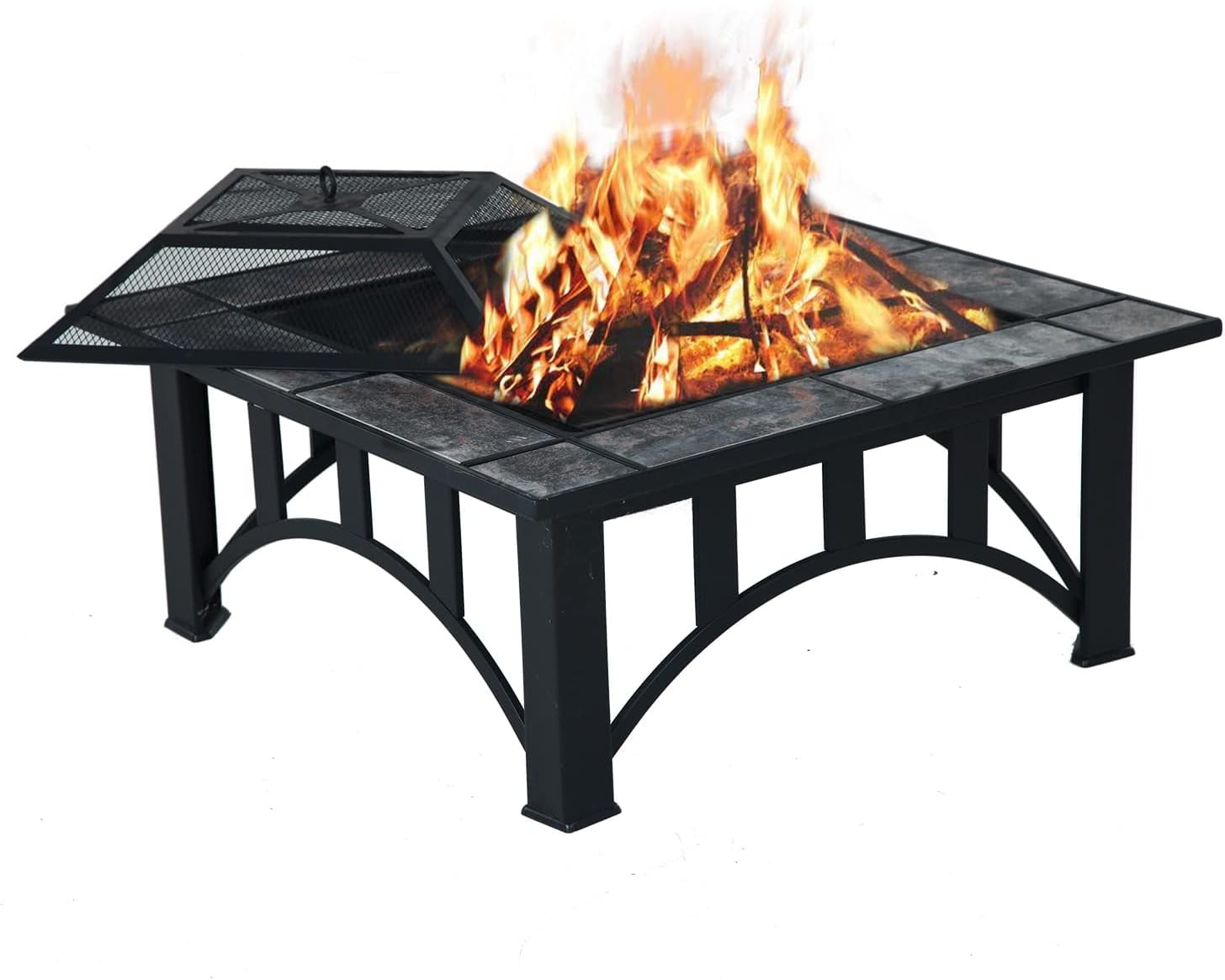 Steel Fire Pits for Outside Wood Burning Fire, 33" Square Marble Tile ...