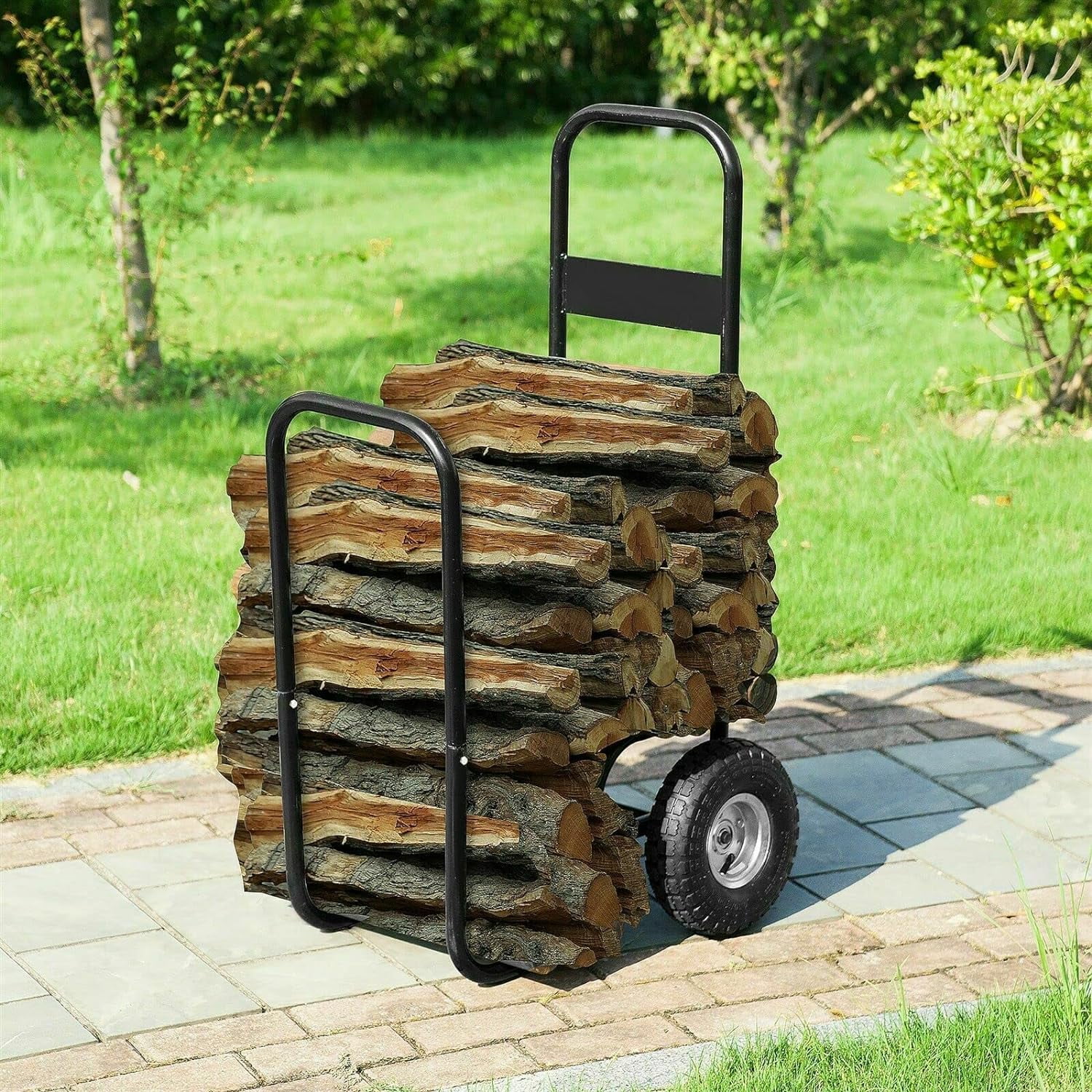 Steel Firewood Log Cart Carrier - Fireplace Log Rolling Caddy Hauler ...