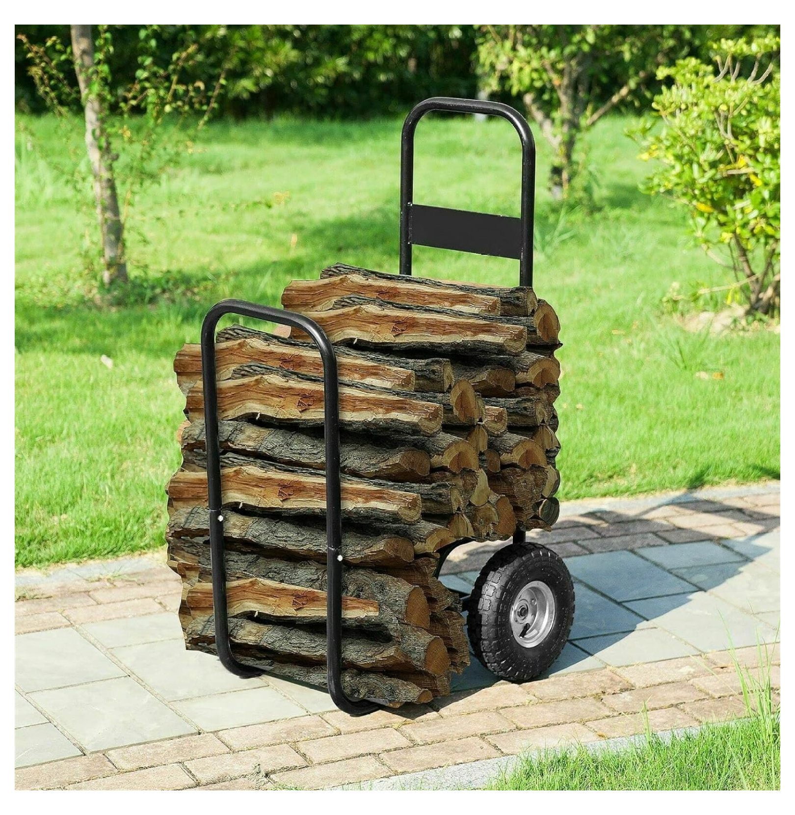 Steel Firewood Log Cart - Fireplace Log Rolling Caddy Hauler - Wood ...
