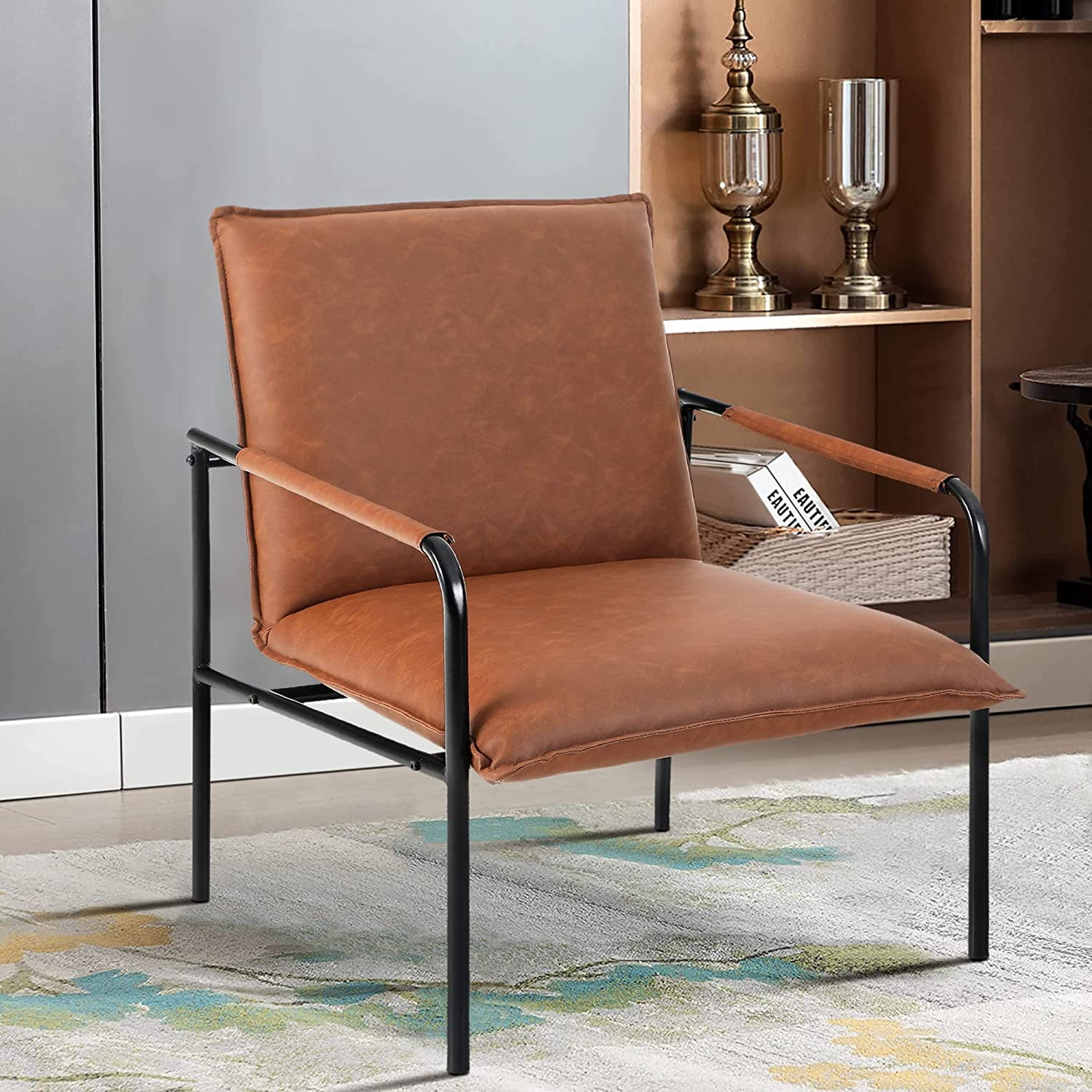 Steel Frame Leather Accent Chair Mid Century Modern Lounge Arm Chair ...