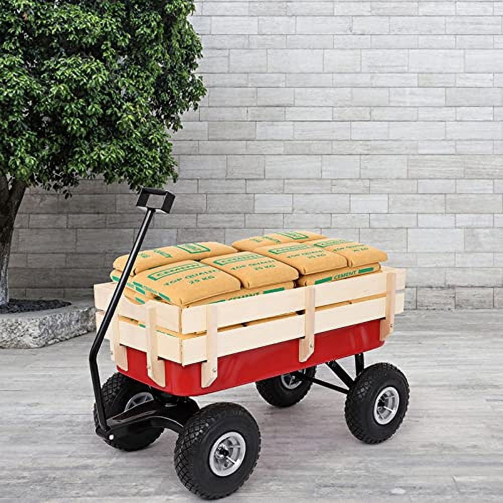 Steel Garden Cart,Four Wheels Folding Utility Wagon with Wood Sides ...