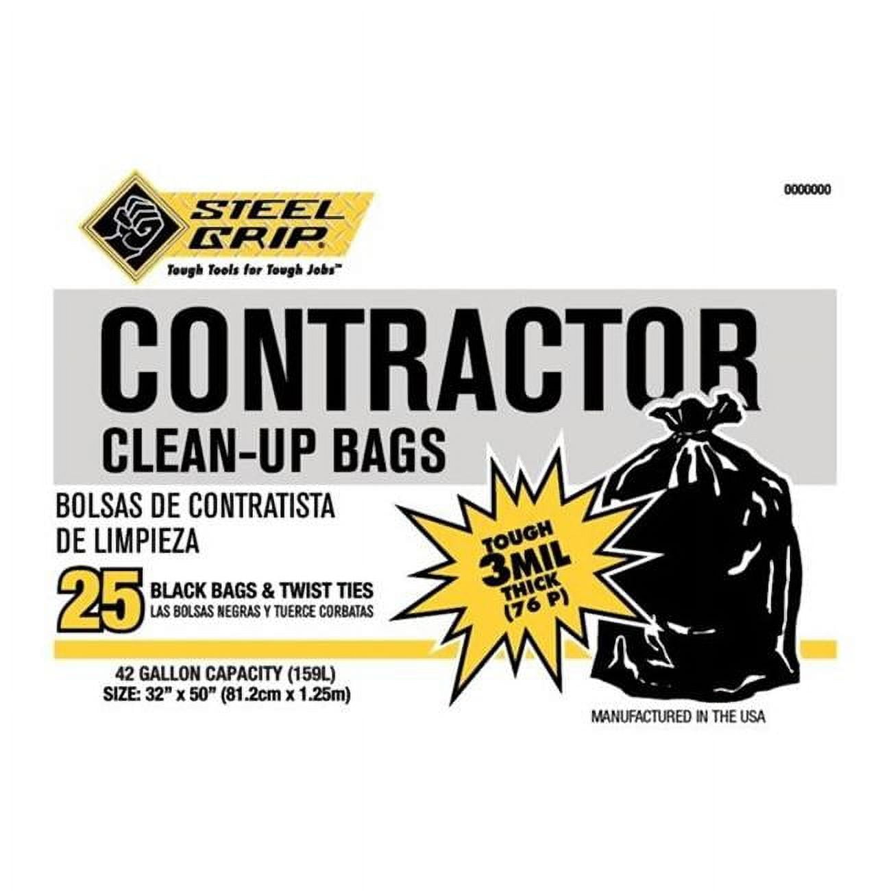 Steel Grip 3250A25SG Twist Tie Contractor Bags, Black, 42 Gallon ...