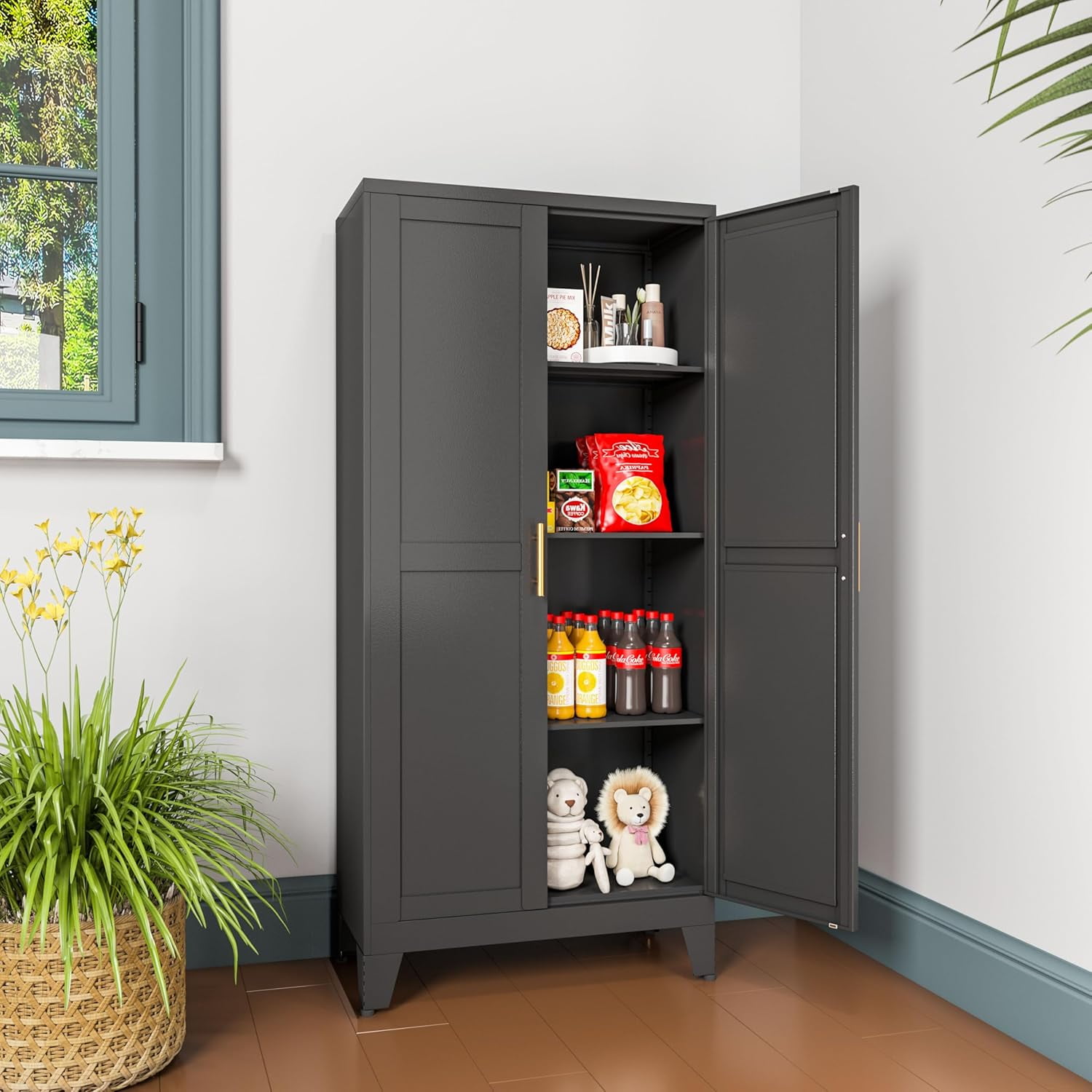 Steel Kitchen Pantry Cabinet, Metal Storage Cabinet with 2 Doors and 3 ...