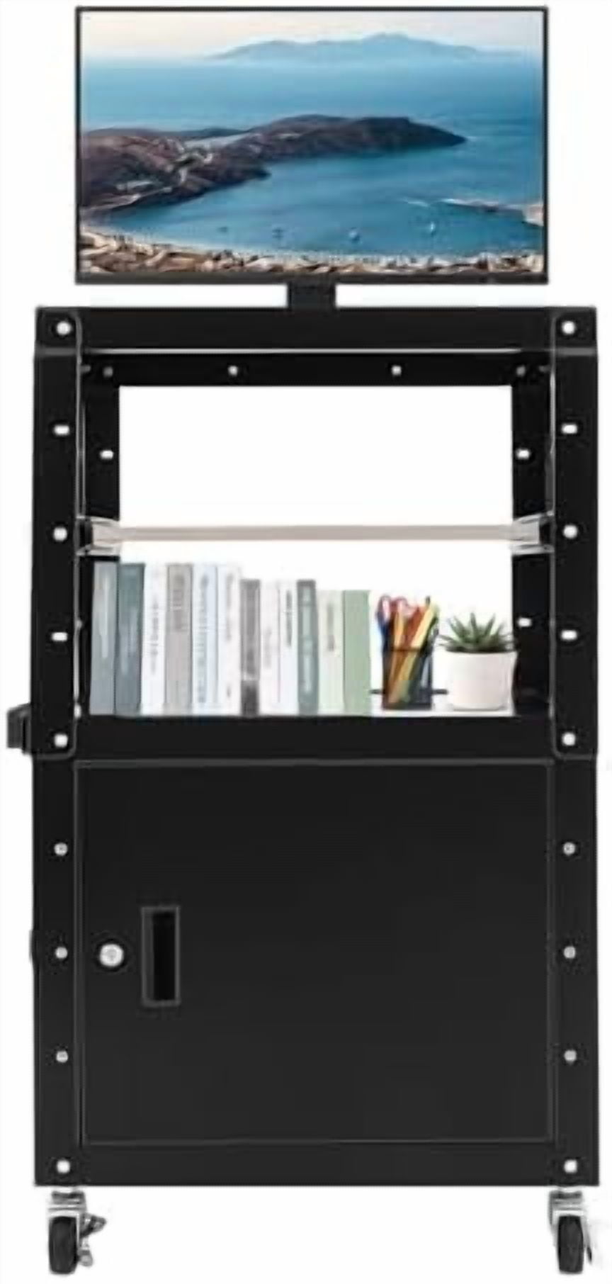 Steel Large AV Cart with Locking Cabinet, Adjustable Height Cart with ...