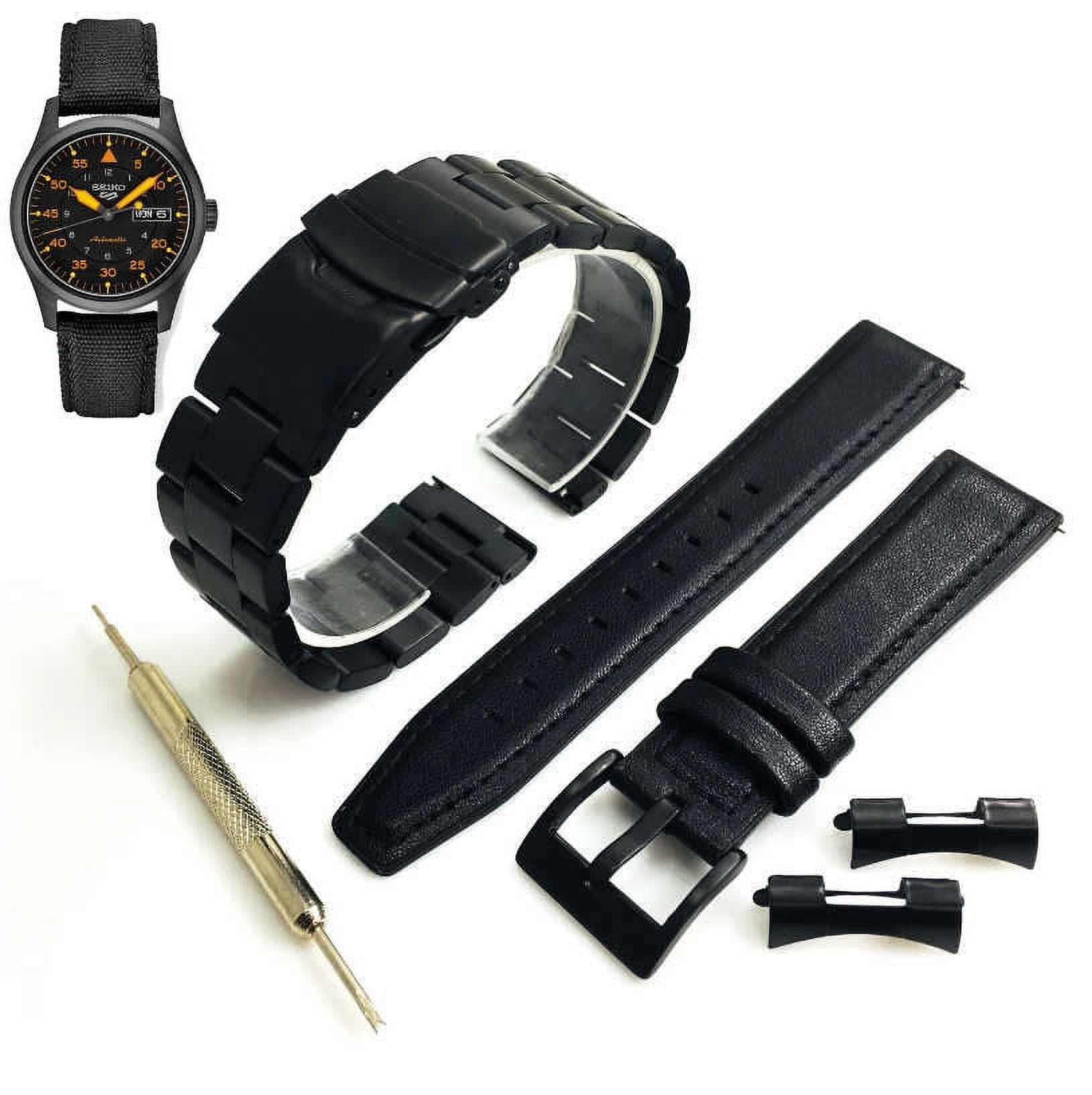 Steel & Leather Black Replacement Watch Band For Seiko SRPH33 4R36-10A0 ...