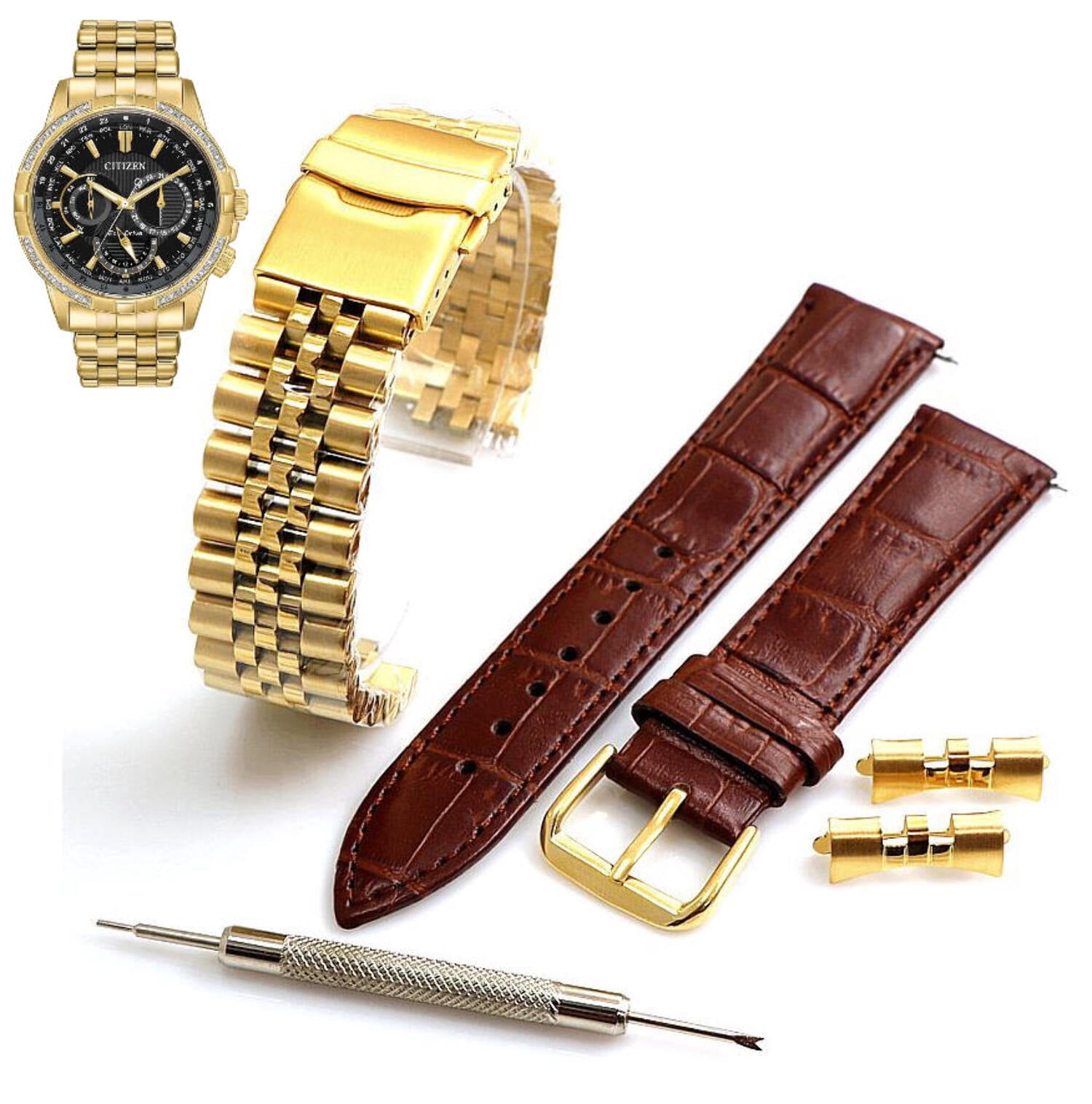 Steel & Leather Gold Replacement Watch Band fits 8729-S115744 Citizen ...