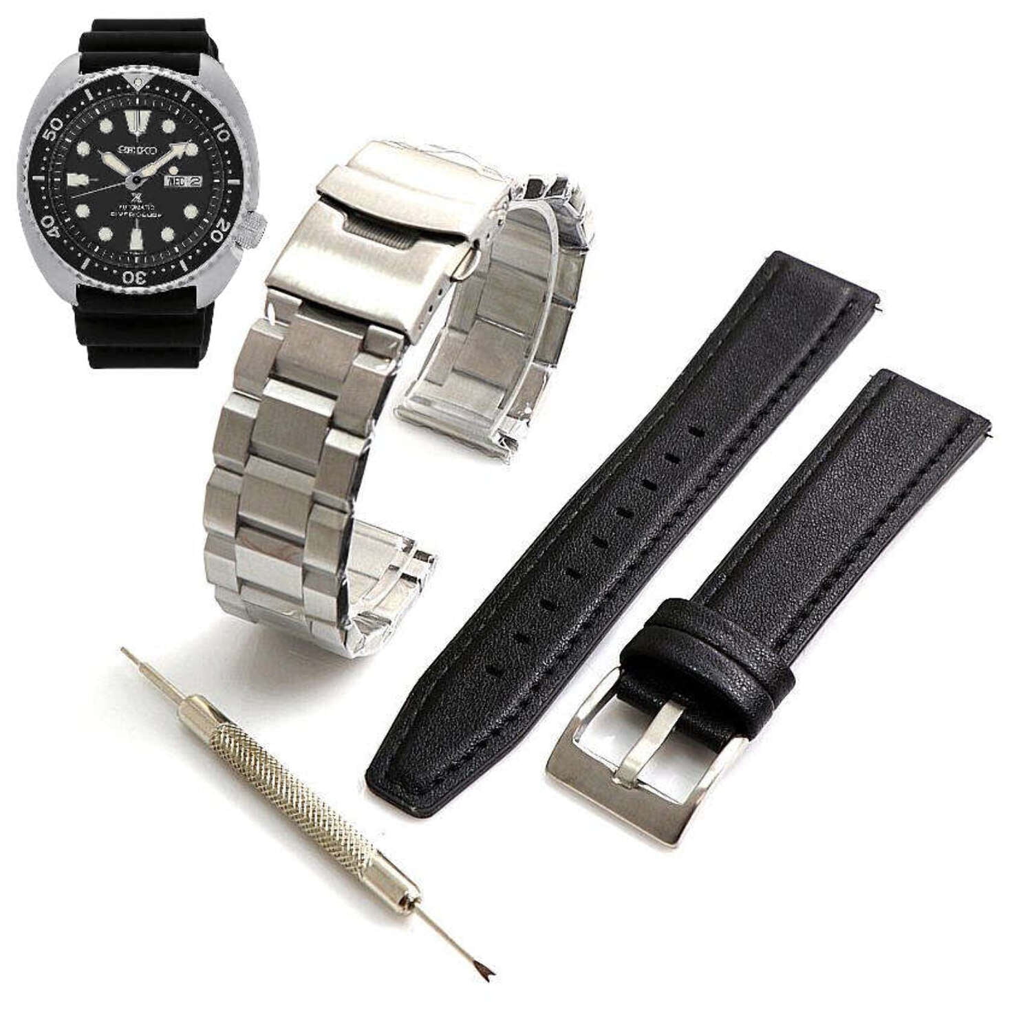 Steel & Leather Replacement Watch Band Strap Seiko SRPE93 4R36-04Y0 ...