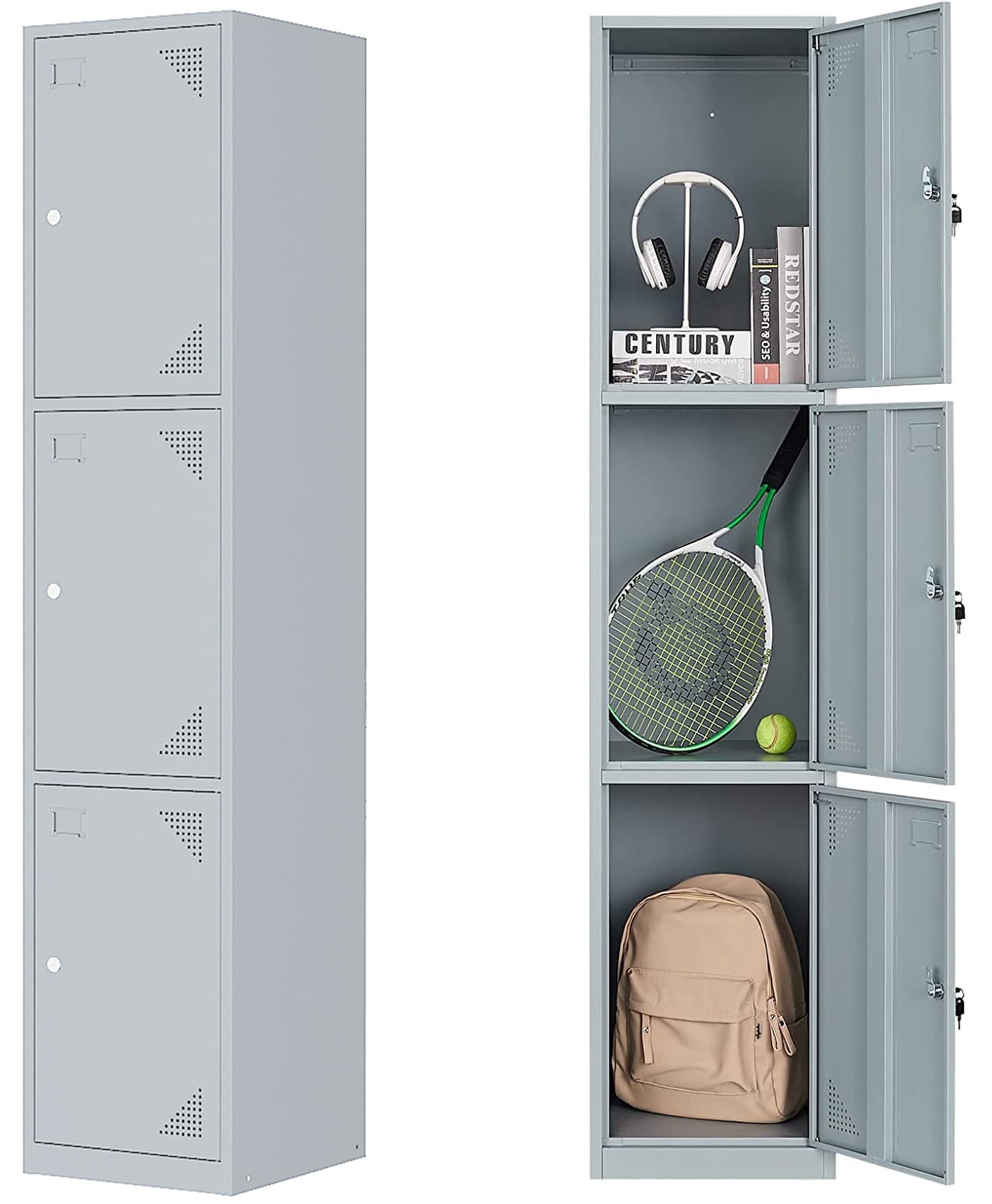 Steel Locker Storage Cabinet, 3 Doors Metal Locker with Lock and Keys ...