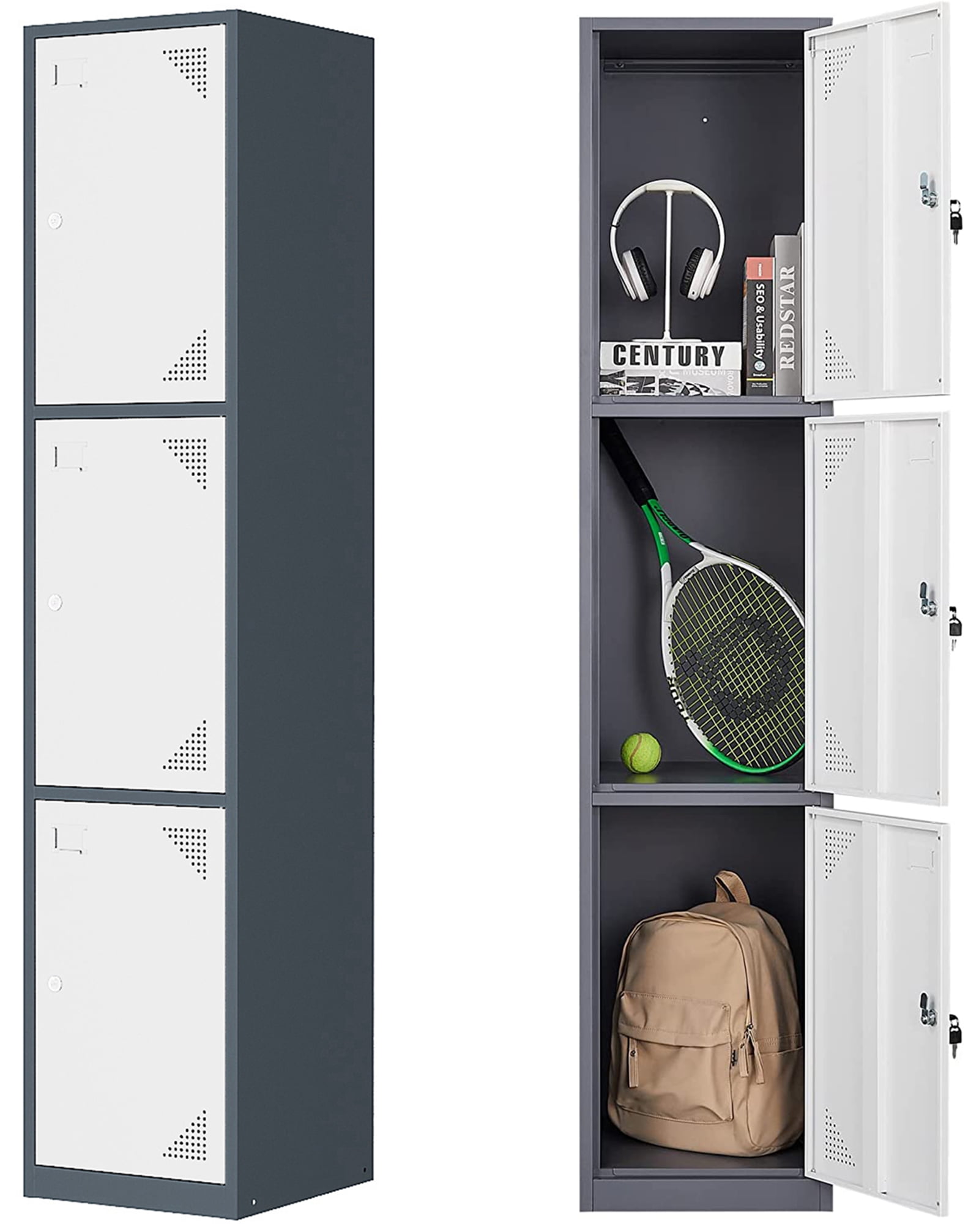 Steel Locker Storage Cabinet, 3 Doors Metal Locker with Lock and Keys ...