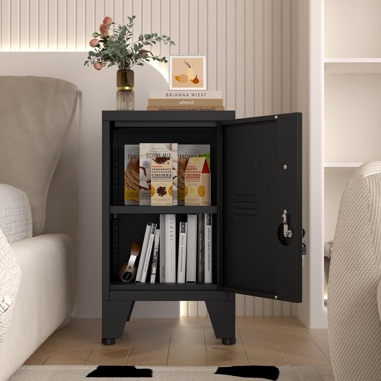 Steel Nightstand Cabinet with Locked Door and Adjustable Shelf, Under ...