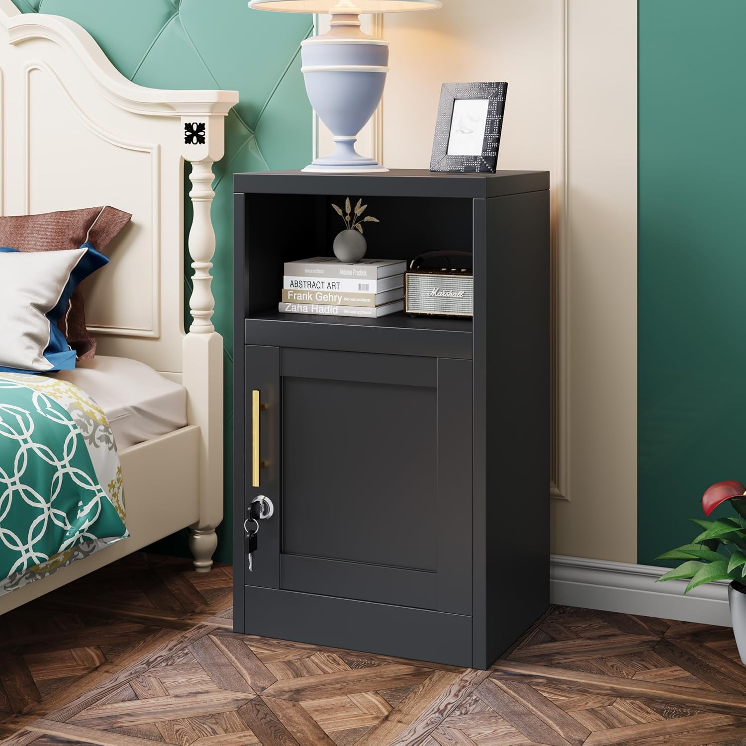 Steel Nightstand Cabinet with Locked Door and Adjustable Shelf, Under ...