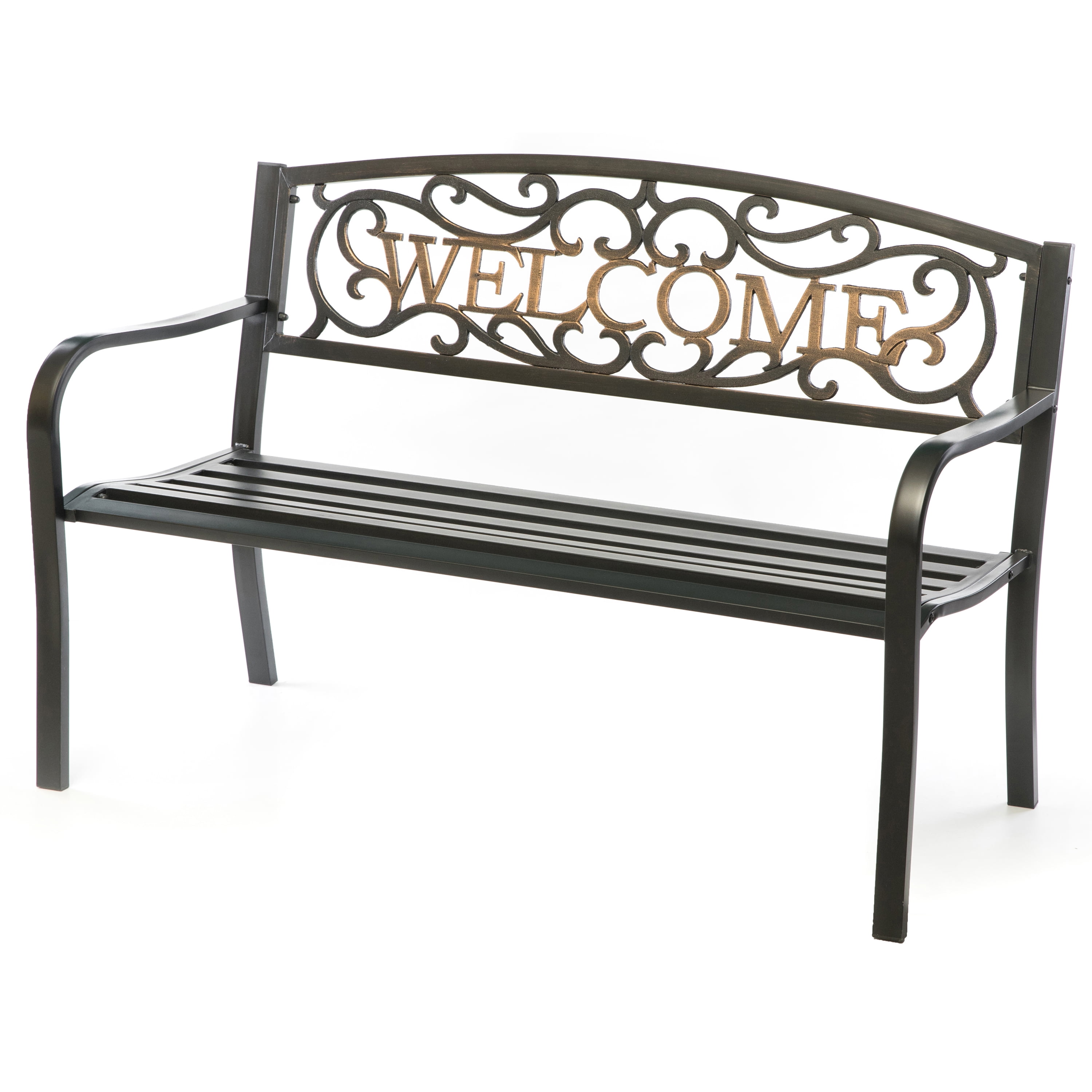 Steel Outdoor Patio Garden Park Seating Bench with Cast Iron Welcome ...