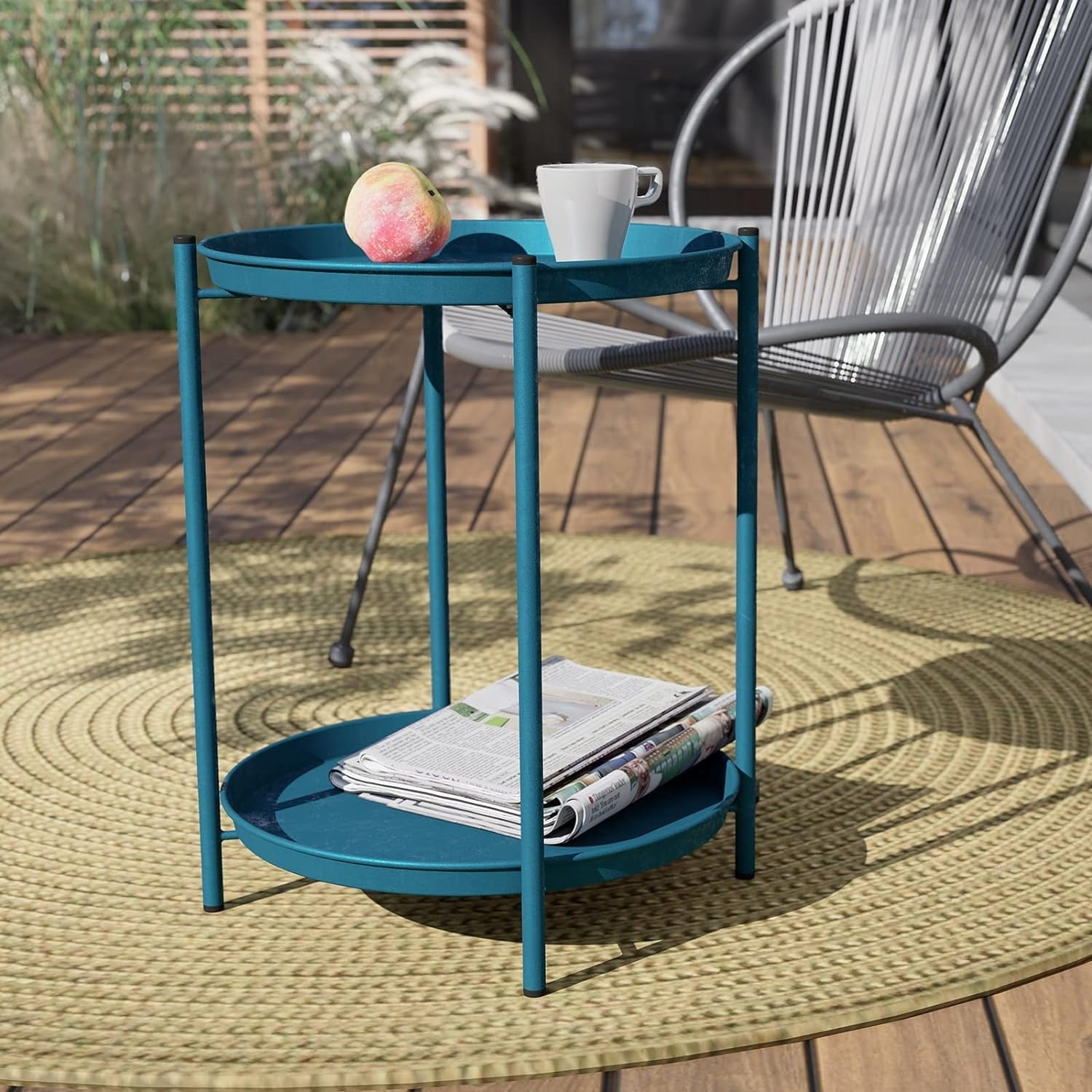 Steel Patio Side Table 2-Tier, Weather Resistant Outdoor Round End ...