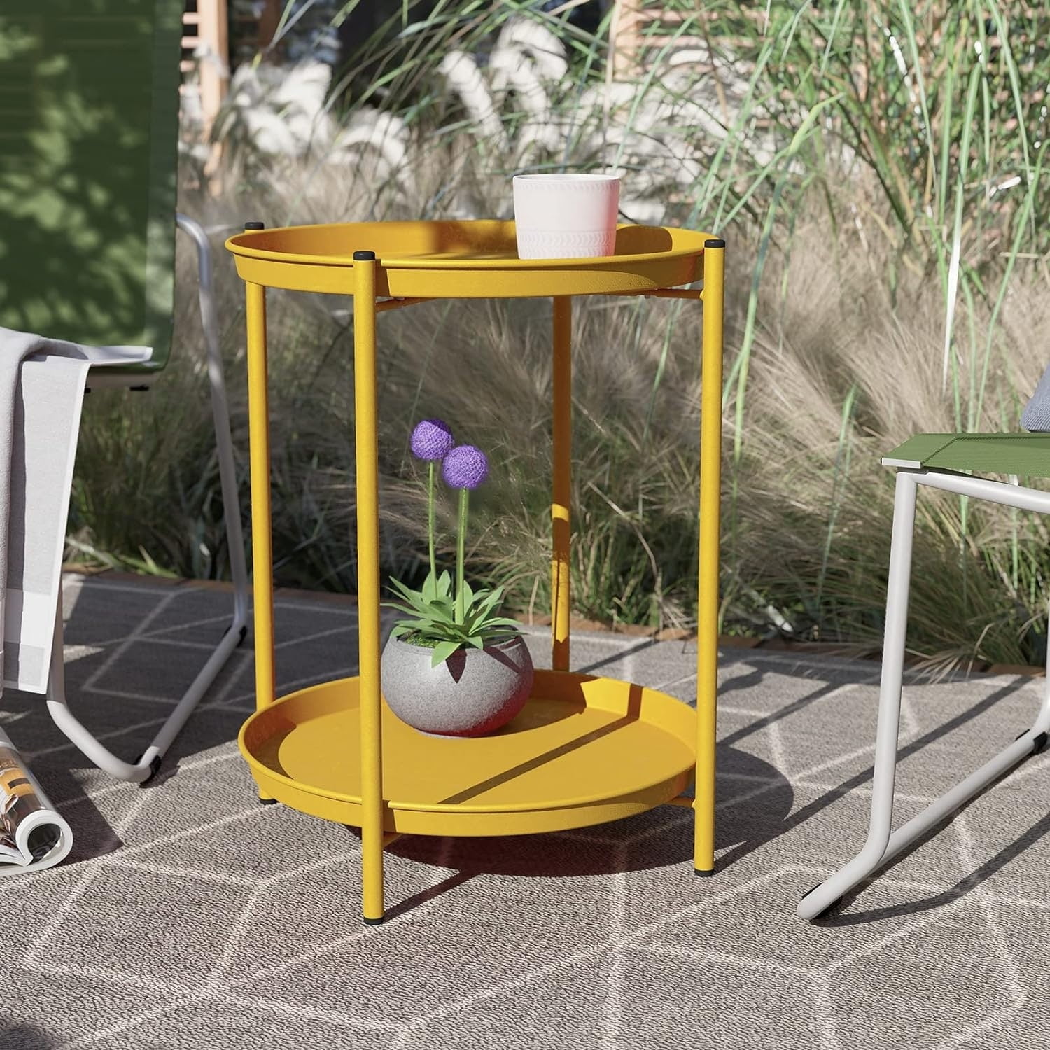Steel Patio Side Table 2-Tier, Weather Resistant Outdoor Round End ...
