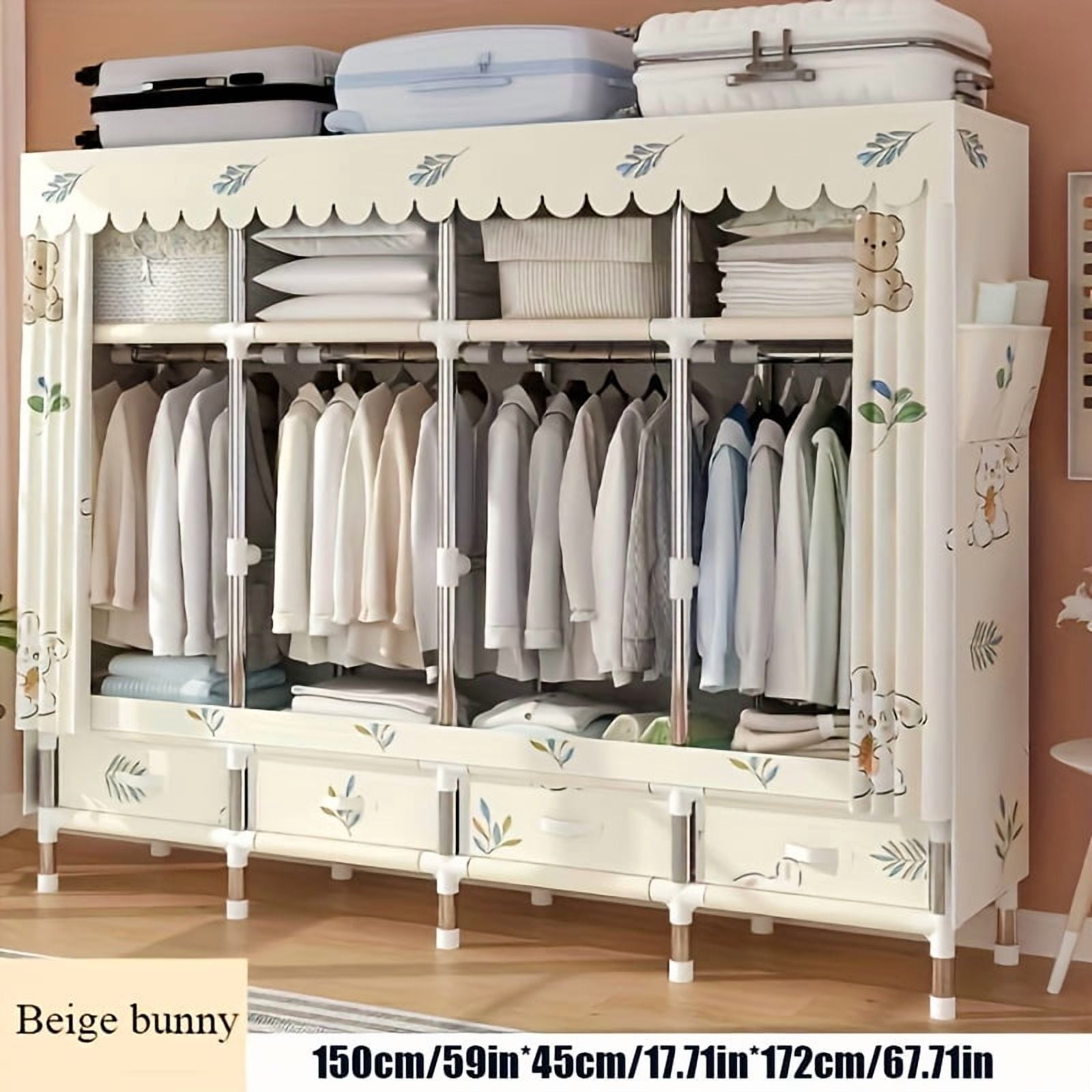 [Steel Pipe Reinforced Wardrobe] Simple 59in/79in Wardrobe Drawer Style ...
