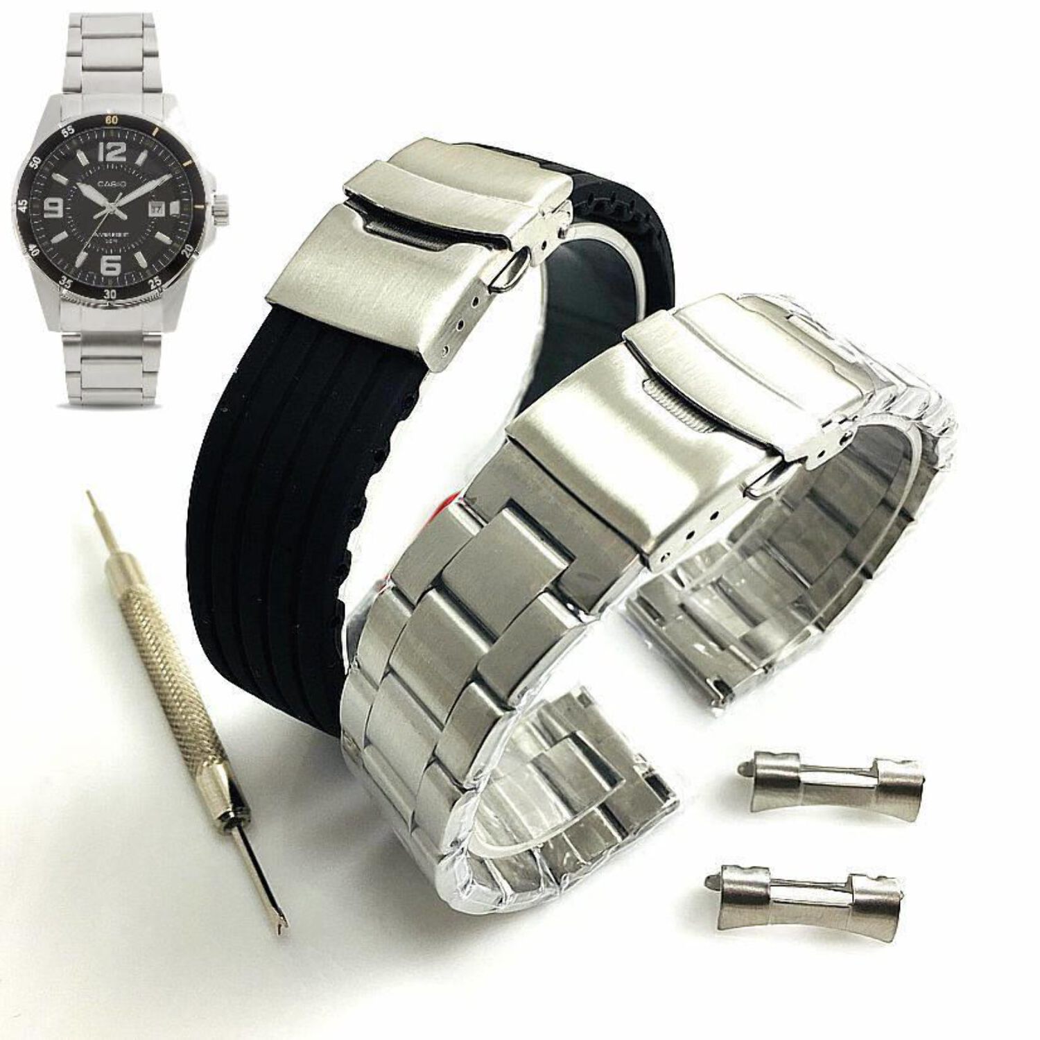 Steel & Rubber Replacement Watch Band Fits Casio MTP-1291 MTP1291D-1A2V ...
