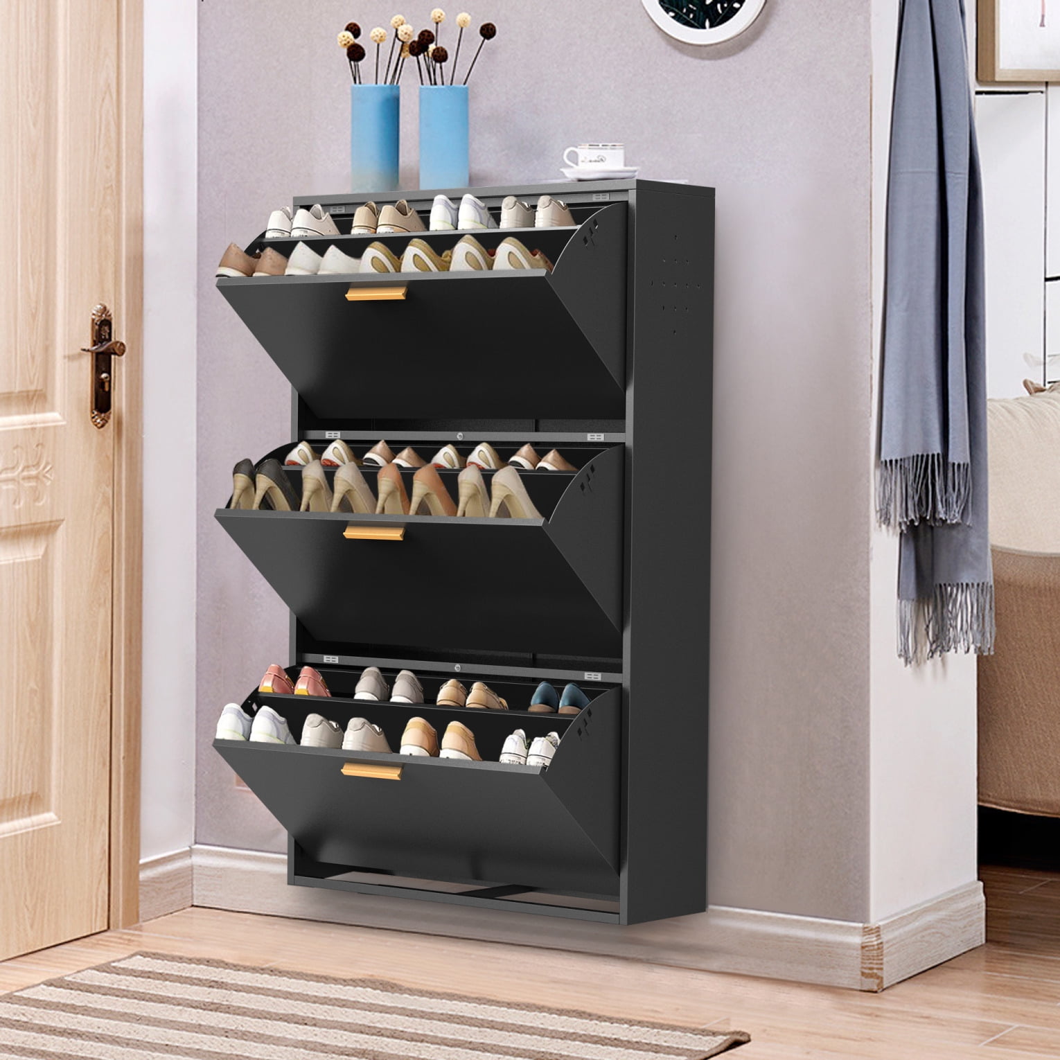 Steel Shoe Cabinet with 3 Flip Drawers,Freestanding Shoe Rack Storage ...