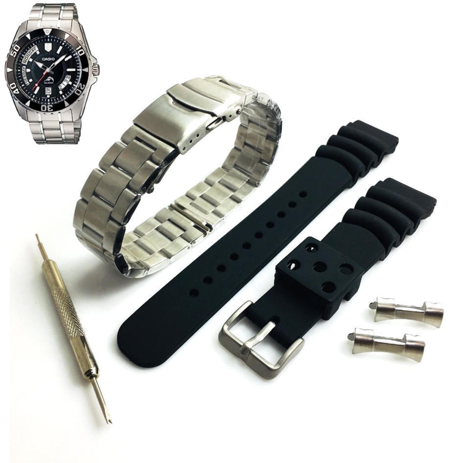 Steel & Silicone Replacement Watch Band Fits Casio DURO MDV-103 MDV103D ...