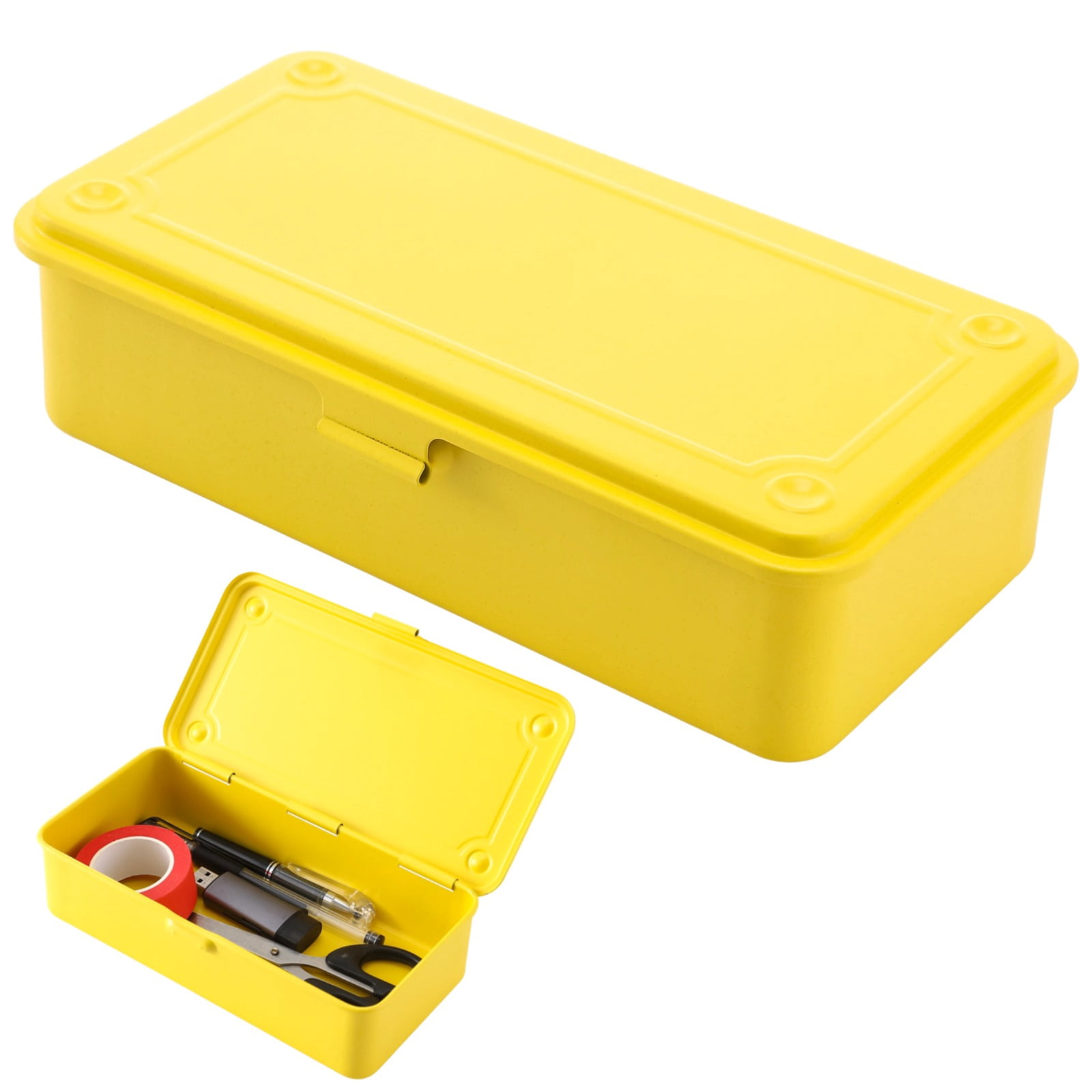 Yellow Steel Storage Box with Hinged Lid, Metal Tool Organizer for ...