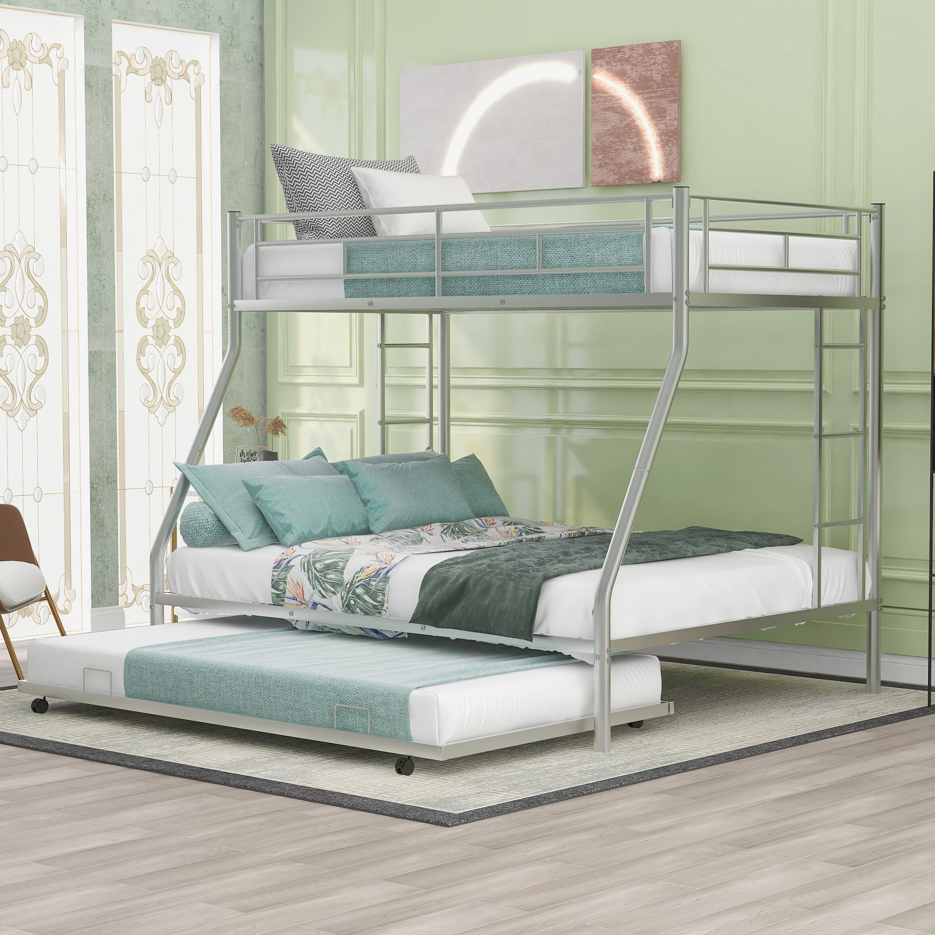 Steel Twin Over Full Bunk Bed With Size Trundle - Silver Lustre, Two ...