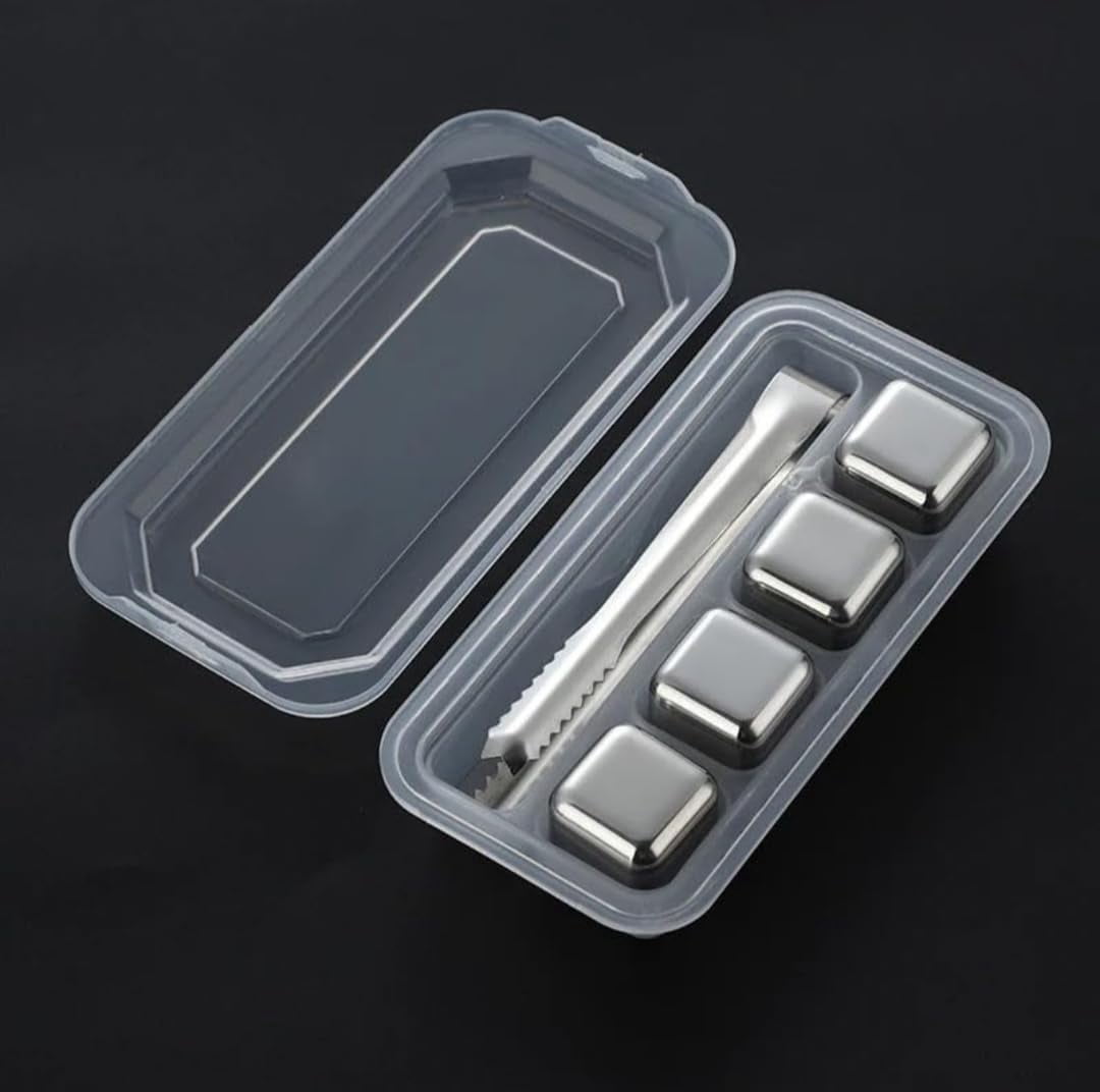 Steel Whiskey Stones Ice Cubes Set of 4 Pieces with Tongs Glacier Rocks ...