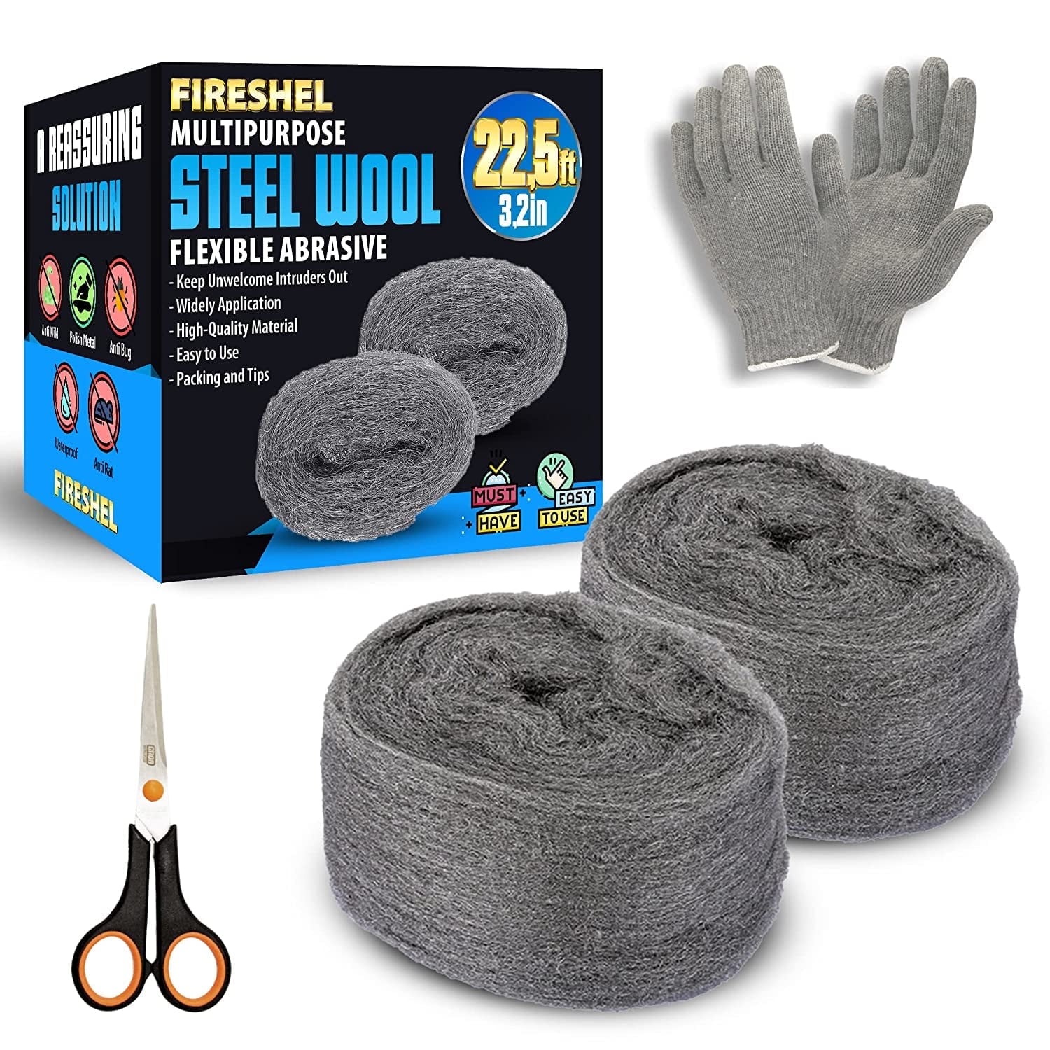 Steel Wool Mice Prevention Roll (3.2”x 22.5 Feet) 2 Pcs with DIY Kit ...
