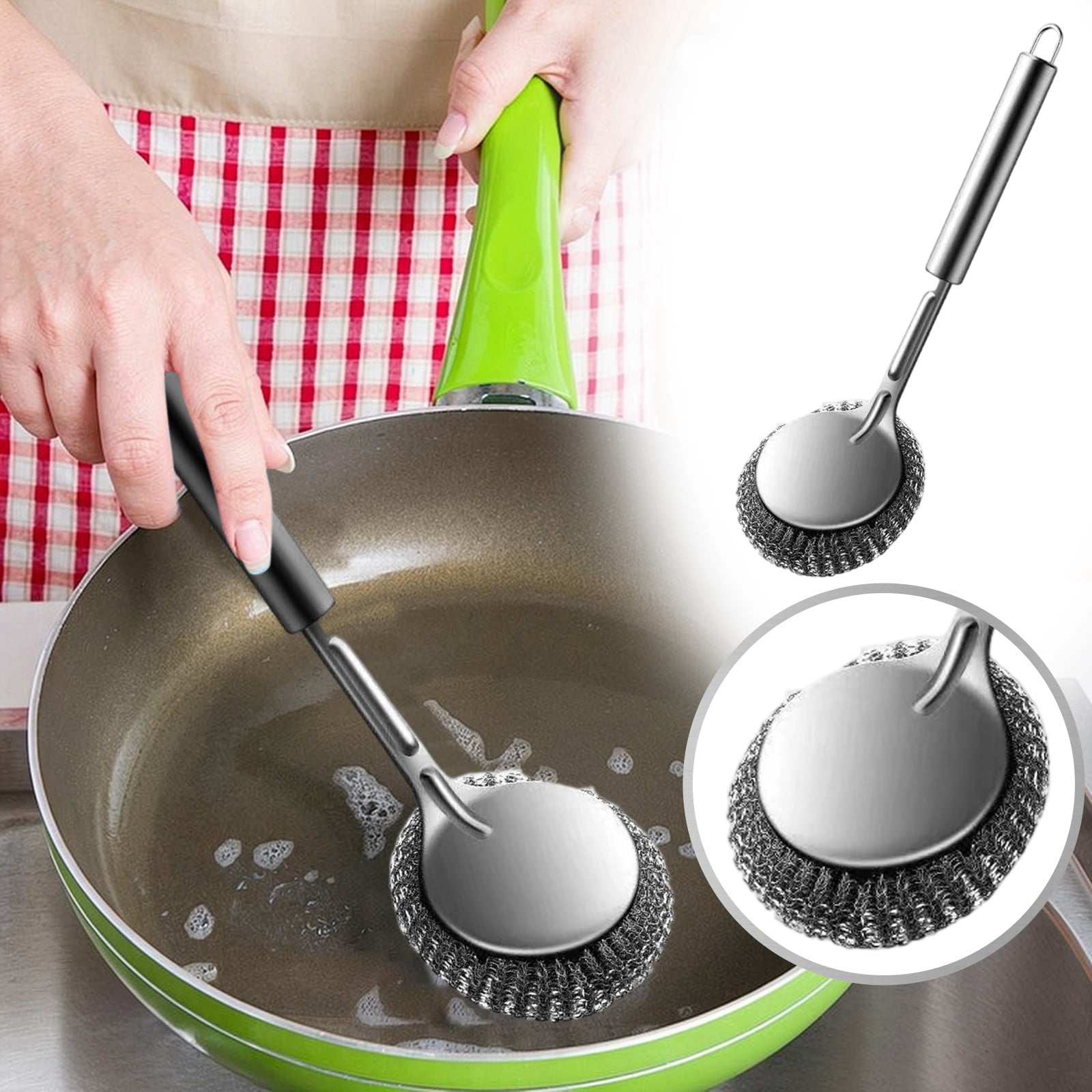 Steel Wool Pads with Long Handle, Steel Wool Scrubber, Reusable Long ...