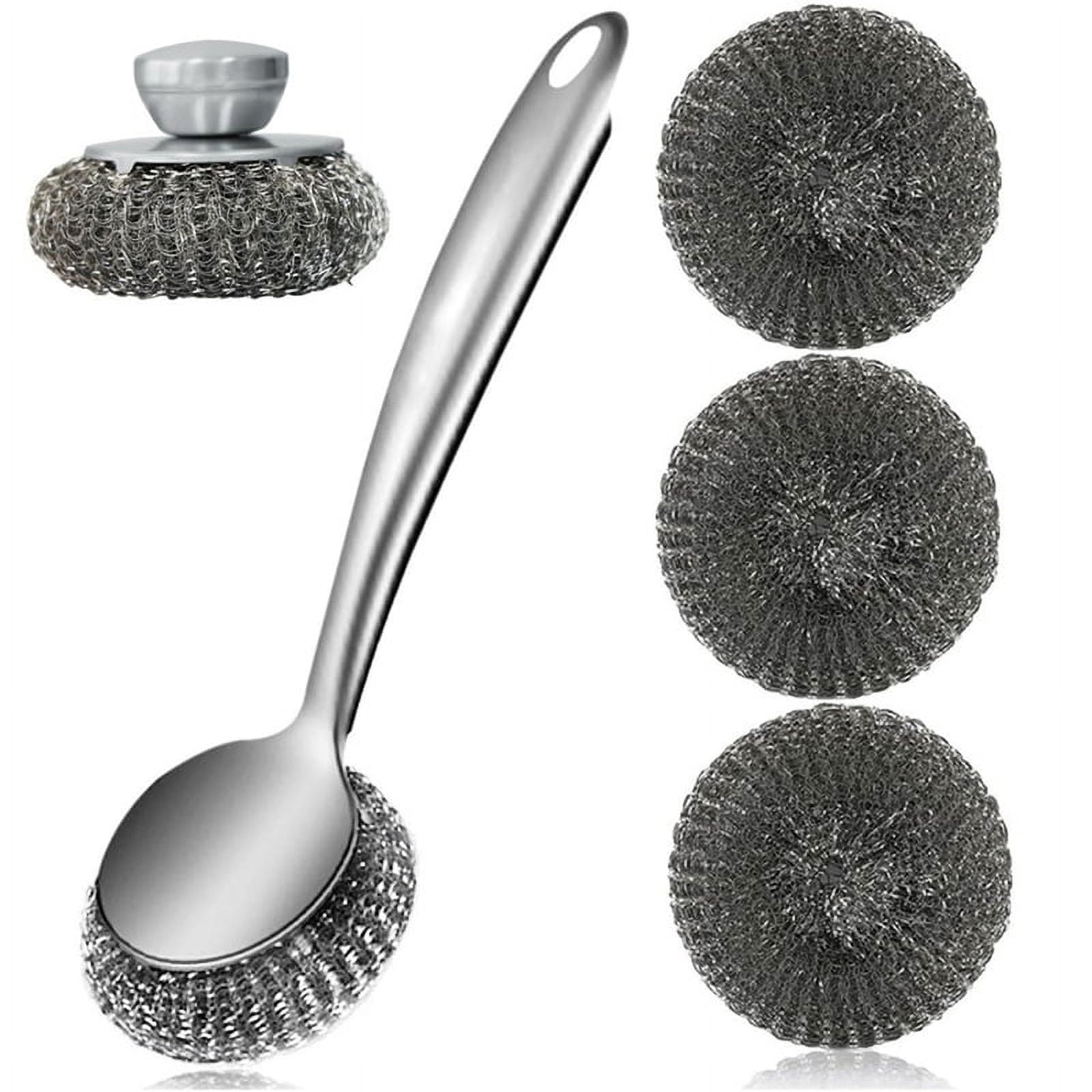 Steel Wool Scrubber Dish Brush with Handle, Deep Cleaning Metal Set ...