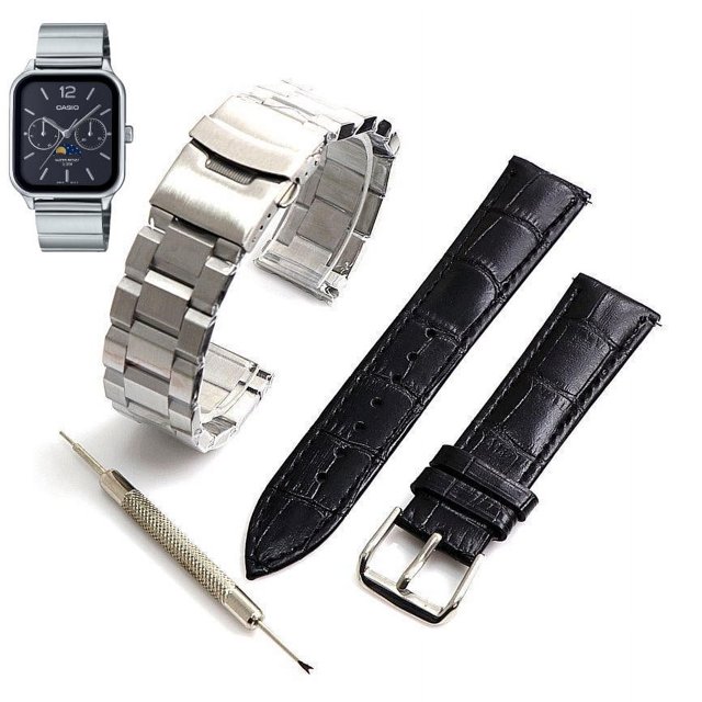 Steel and Leather Silver Replacement Watch Band For Casio MTP-M305 MTP ...