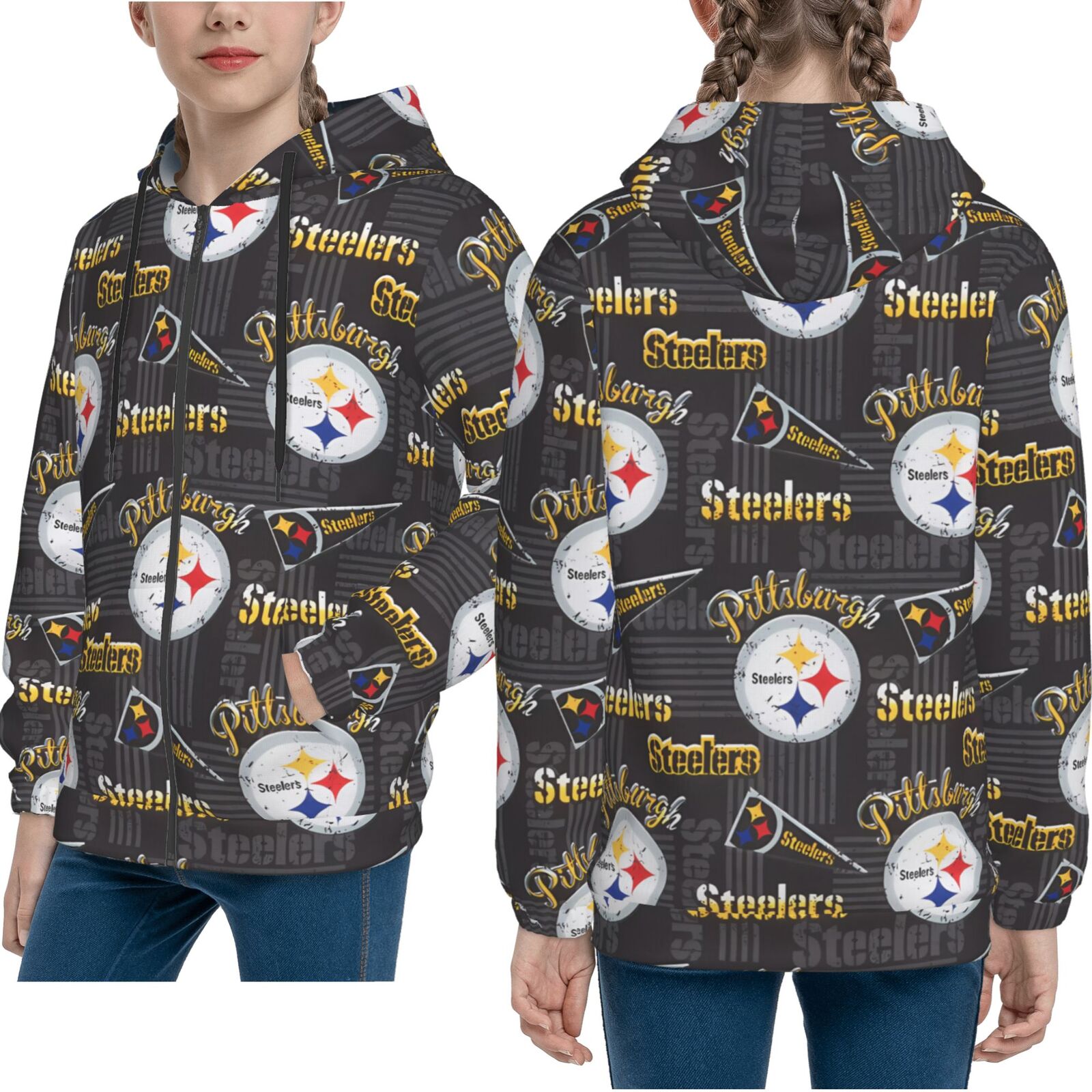 Steelers Football Fans Hooded Cardigan, Classic Printed Zip-Up Jacket ...