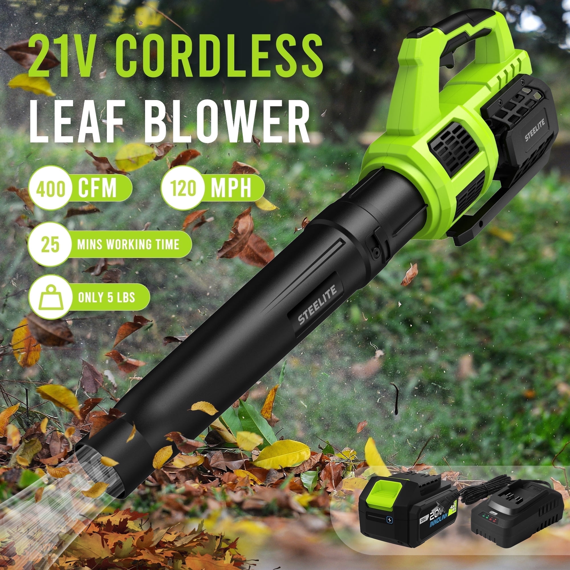 Steelite 21V Cordless Leaf Blower,120 MPH 400 CFM,Electric Lightweight ...