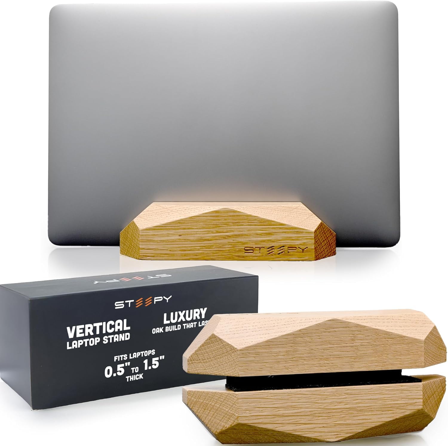 Steepy Laptop Holder Vertical Laptop Stand for Desk - Oak Wood Laptop ...